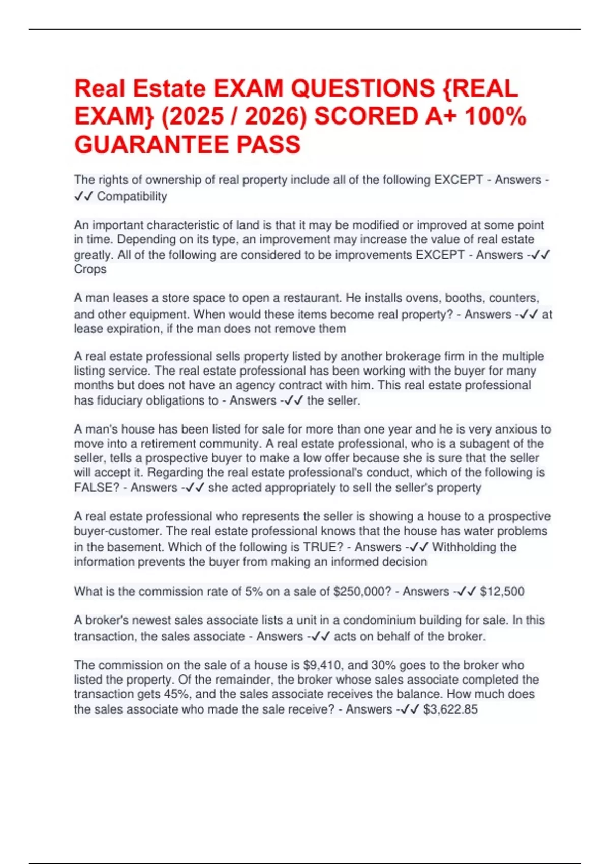 Real Estate EXAM QUESTIONS {REAL EXAM} (2025 / 2026) SCORED A+ 100% ...