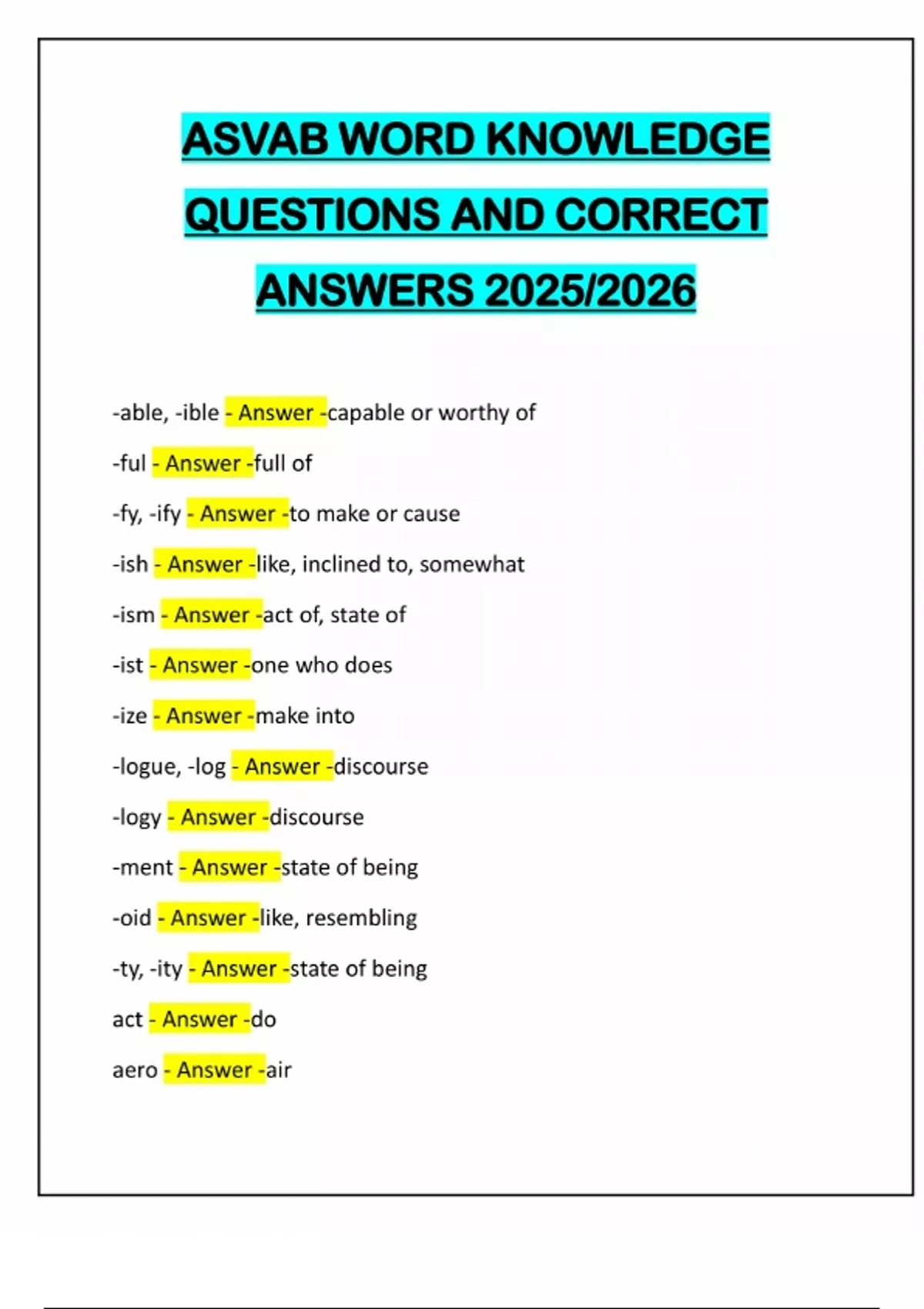 ASVAB WORD KNOWLEDGE QUESTIONS AND CORRECT ANSWERS 2025/2026 - ASVAB ...