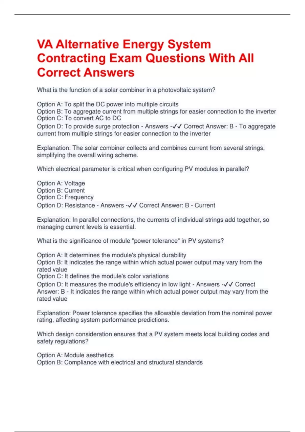 VA Alternative Energy System Contracting Exam Questions With All Correct Answers - VA ...