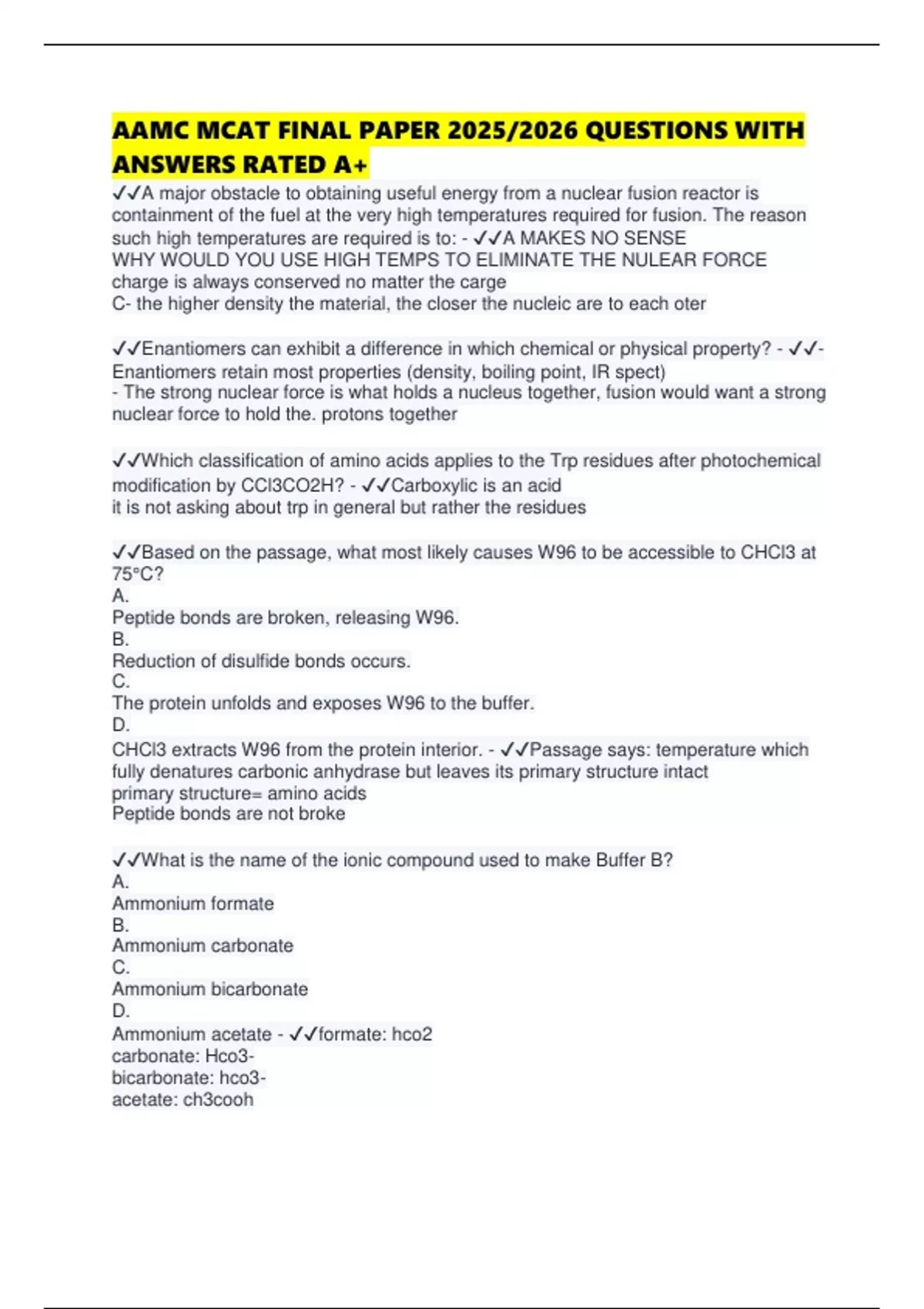 AAMC MCAT FINAL PAPER 2025/2026 QUESTIONS WITH ANSWERS RATED A+ - AAMC ...