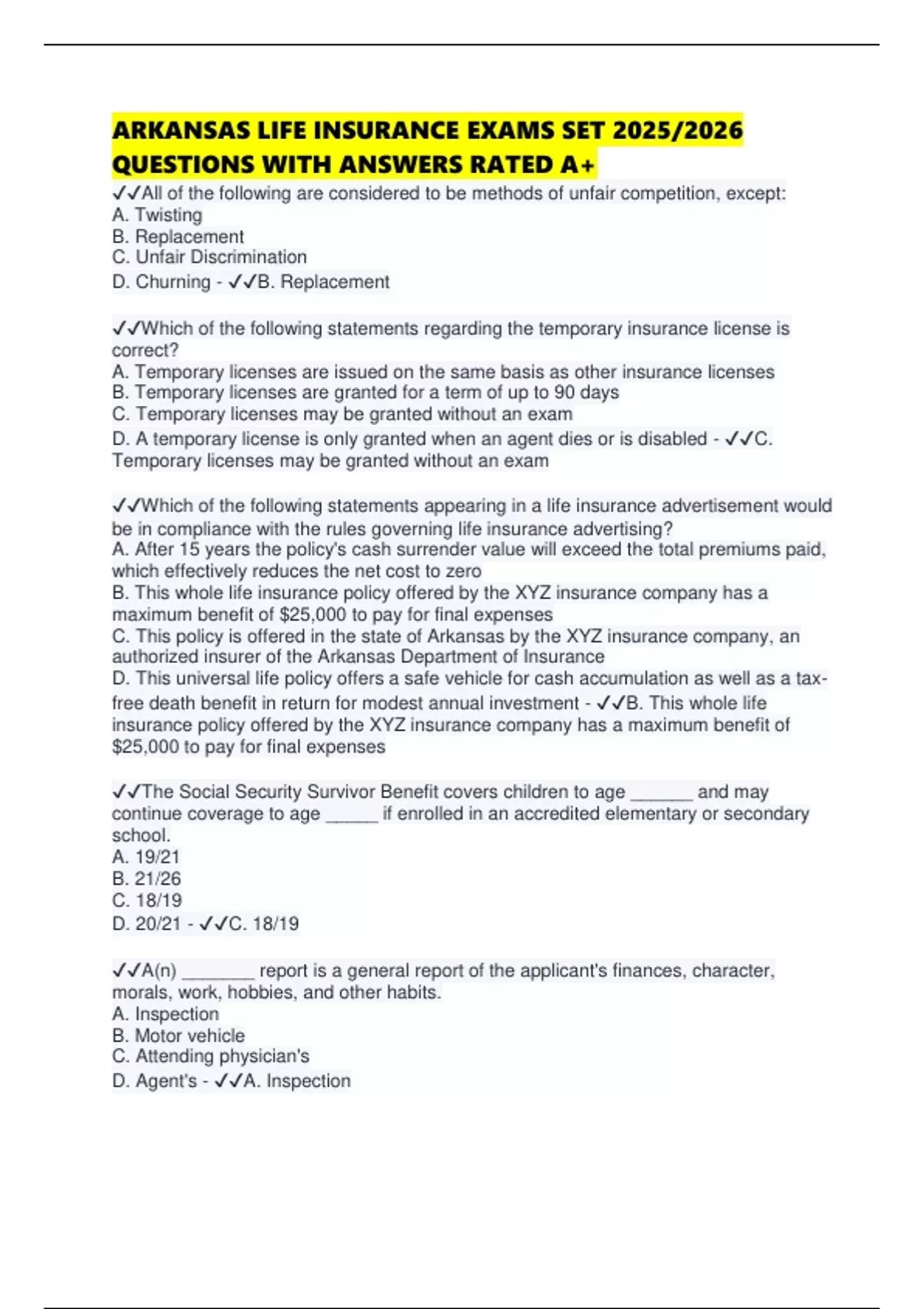 ARKANSAS LIFE INSURANCE EXAMS SET 2025/2026 QUESTIONS WITH ANSWERS ...