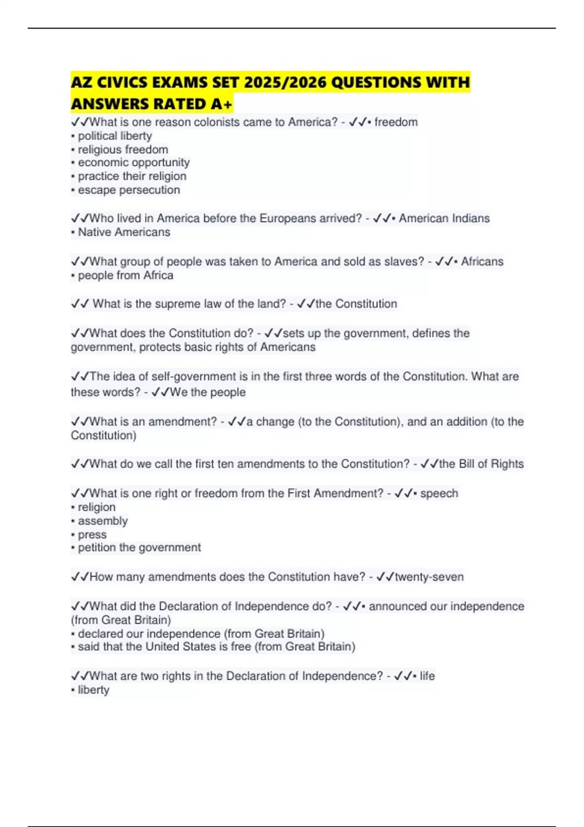 AZ CIVICS EXAMS SET 2025/2026 QUESTIONS WITH ANSWERS RATED A+ - AZ ...