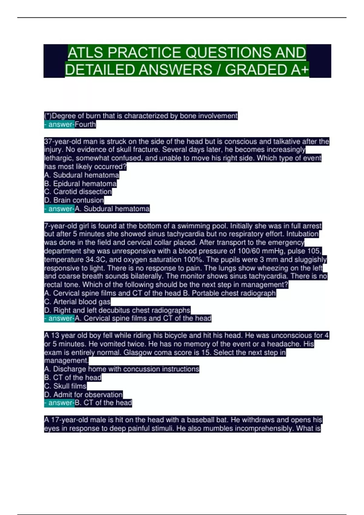 ATLS Practice Questions & Detailed Answers 2025 – Trauma & Emergency ...