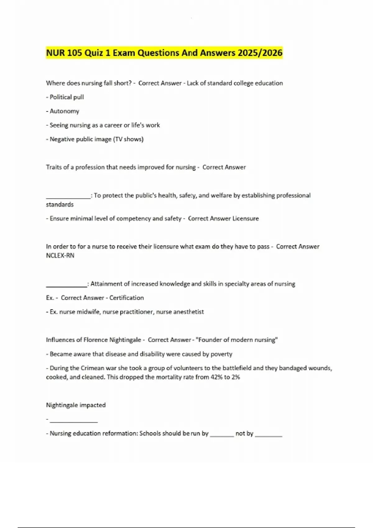 NUR 105 Quiz 1 Exam Questions And Answers 2025/2026 - NUR 105 - Stuvia US