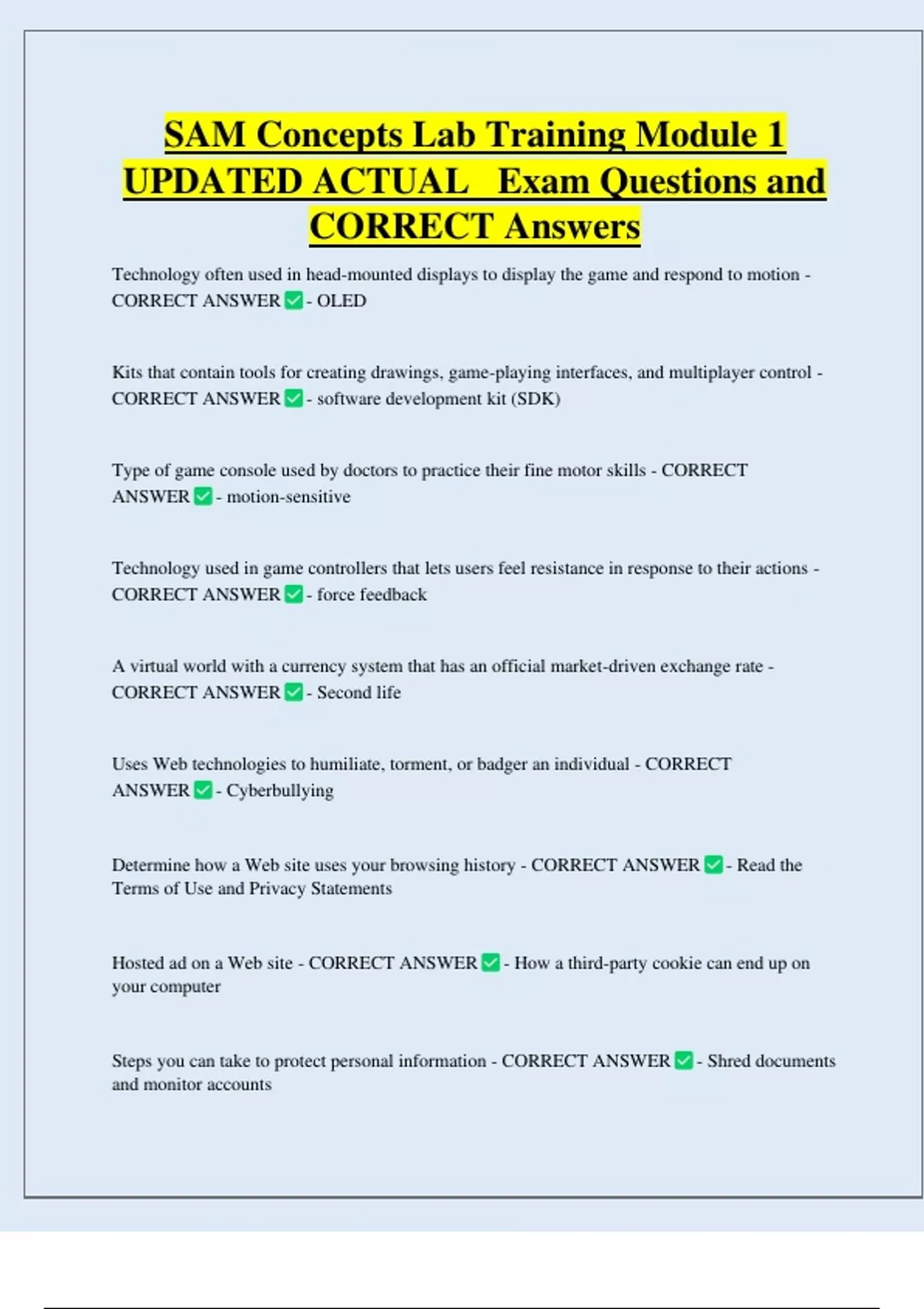 SAM Concepts Lab Training Module 1 UPDATED ACTUAL Exam Questions and CORRECT Answers - SAM ...