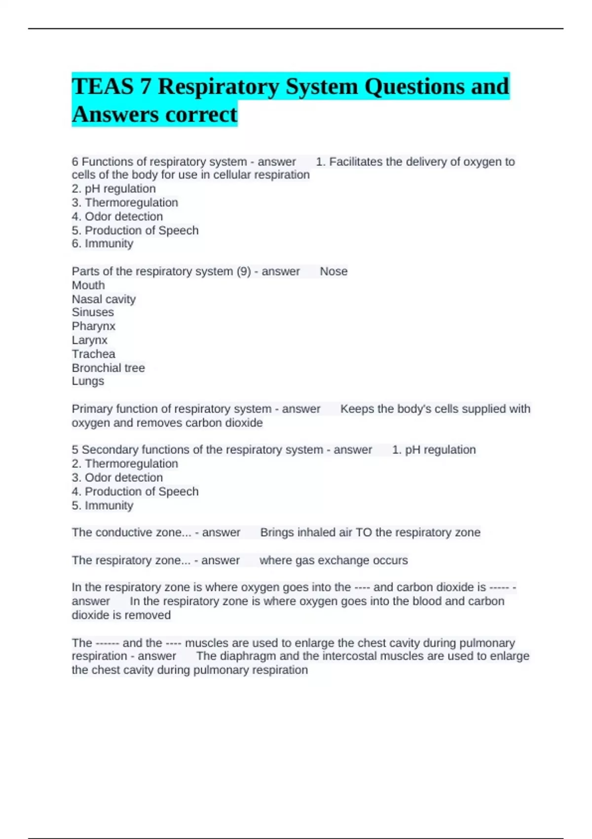 TEAS 7 Respiratory System Questions and Answers correct - TEAS - Stuvia US