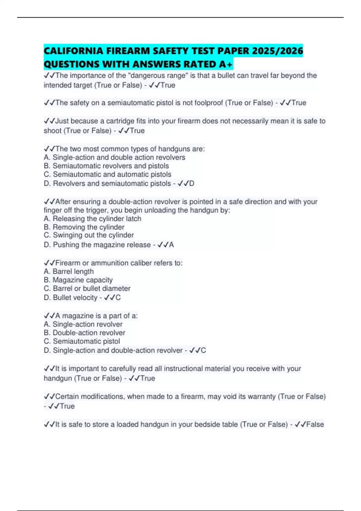 CALIFORNIA FIREARM SAFETY TEST PAPER 2025/2026 QUESTIONS WITH ANSWERS ...