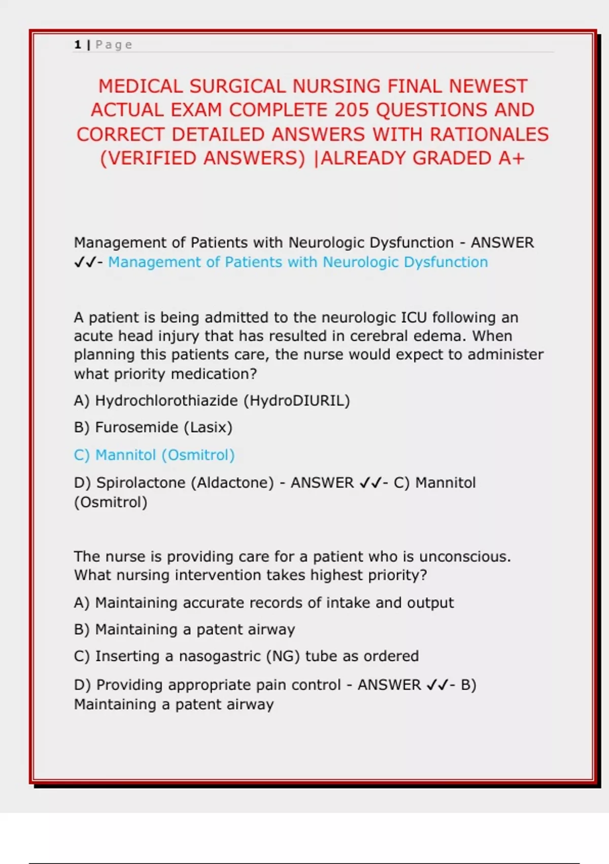 Medical-Surgical Nursing Final Exam – 205 Verified Questions with ...