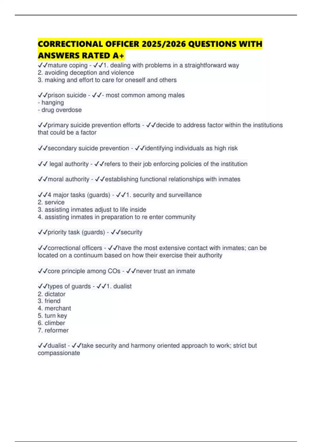 CORRECTIONAL OFFICER 2025/2026 QUESTIONS WITH ANSWERS RATED A+ ...