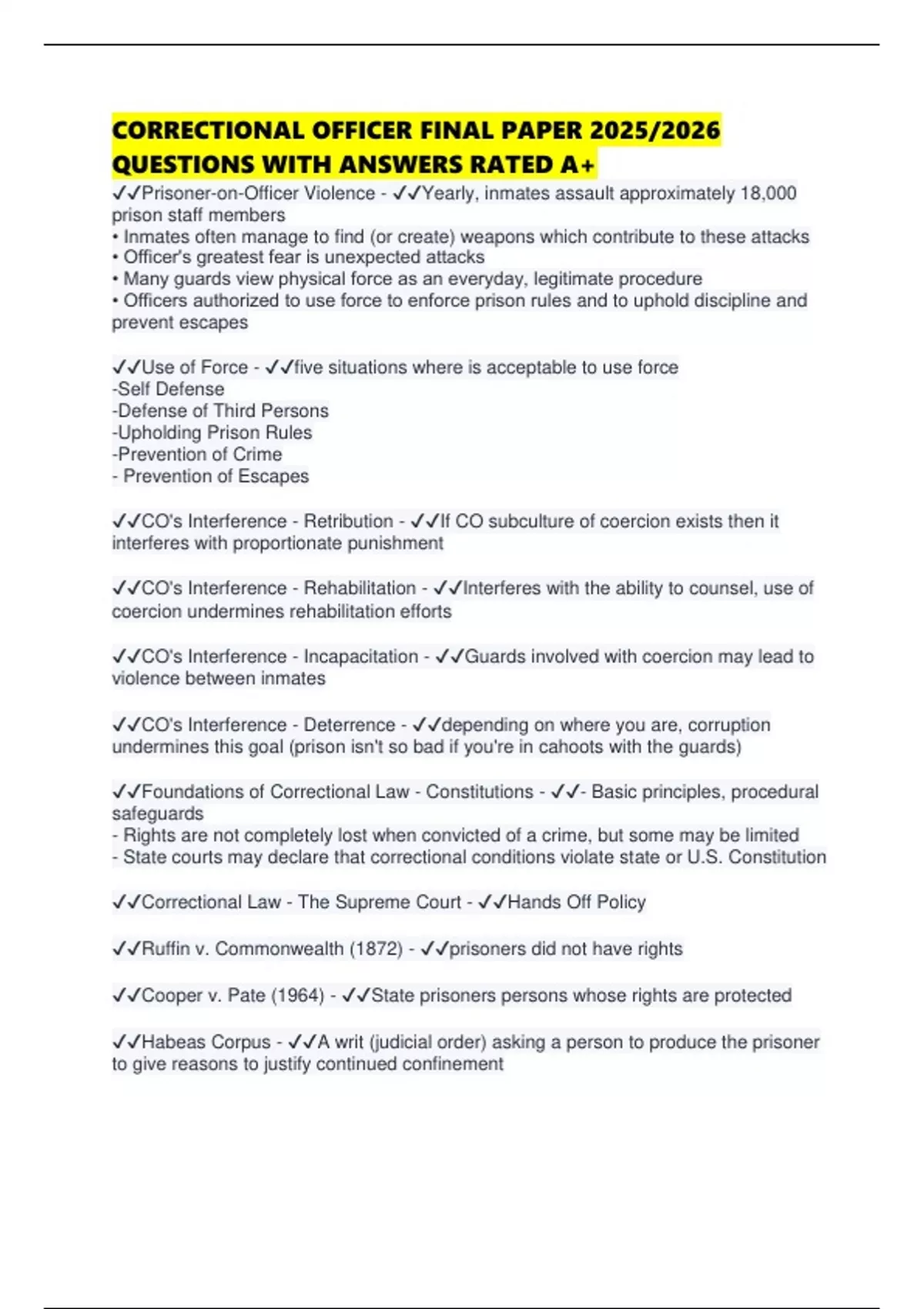 CORRECTIONAL OFFICER FINAL PAPER 2025/2026 QUESTIONS WITH ANSWERS RATED ...