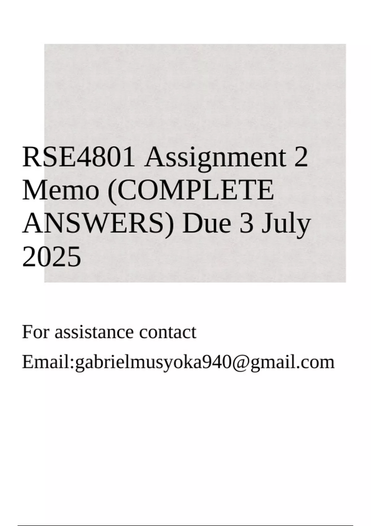 RSE4801 Assignment 2 Memo (COMPLETE ANSWERS) Due 3 July 2025. - RSE4801 - Stuvia SA