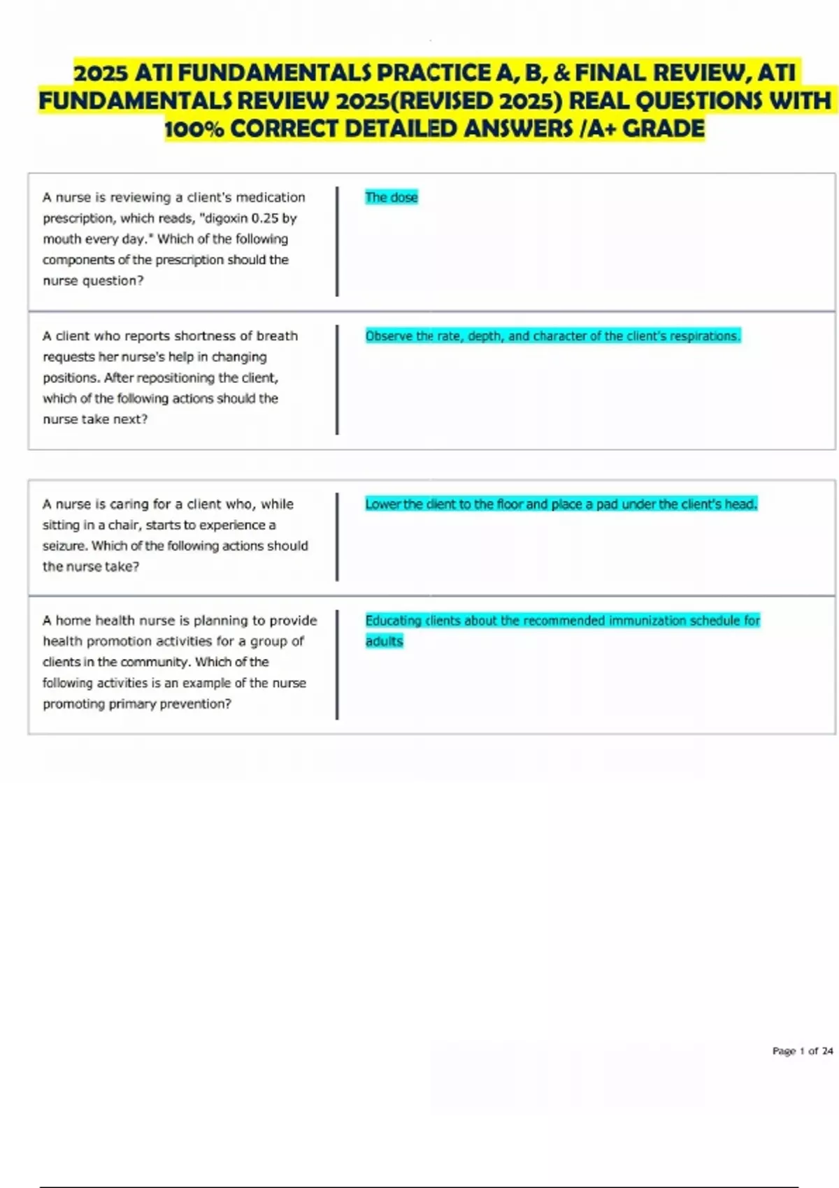 2025 ATI FUNDAMENTALS PRACTICE A, B, & FINAL REVIEW, ATI FUNDAMENTALS ...