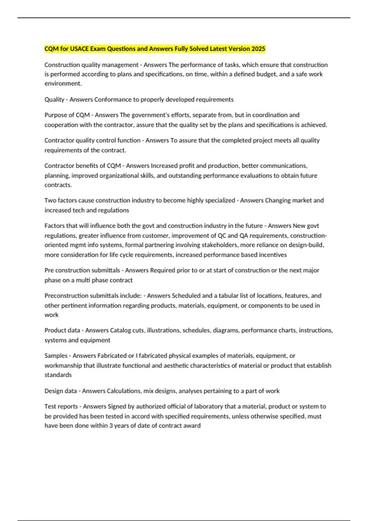 CQM for USACE Exam Questions and Answers Fully Solved Latest Version ...