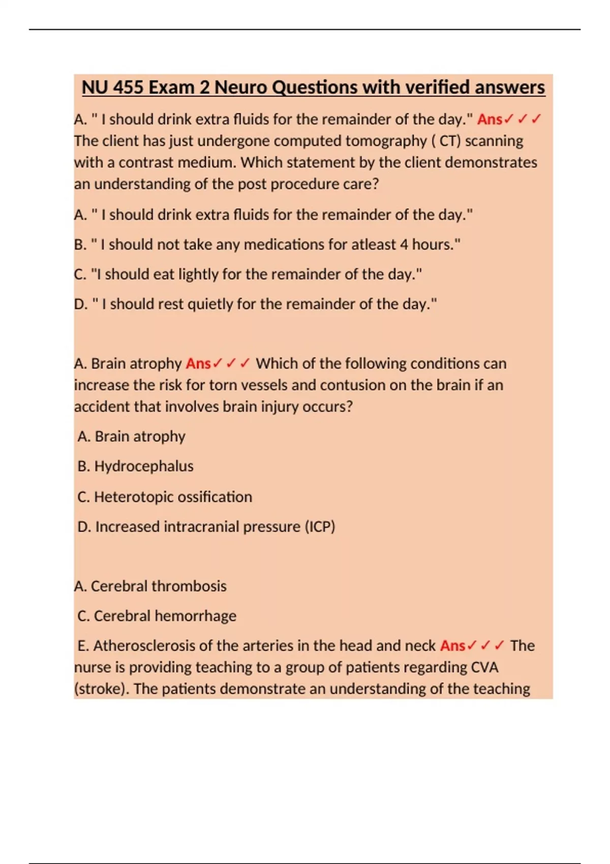 NU 455 Exam 2 – Comprehensive Neurological Nursing Review: ICP, CVA, MG, MS, ALS, and Seizure ...