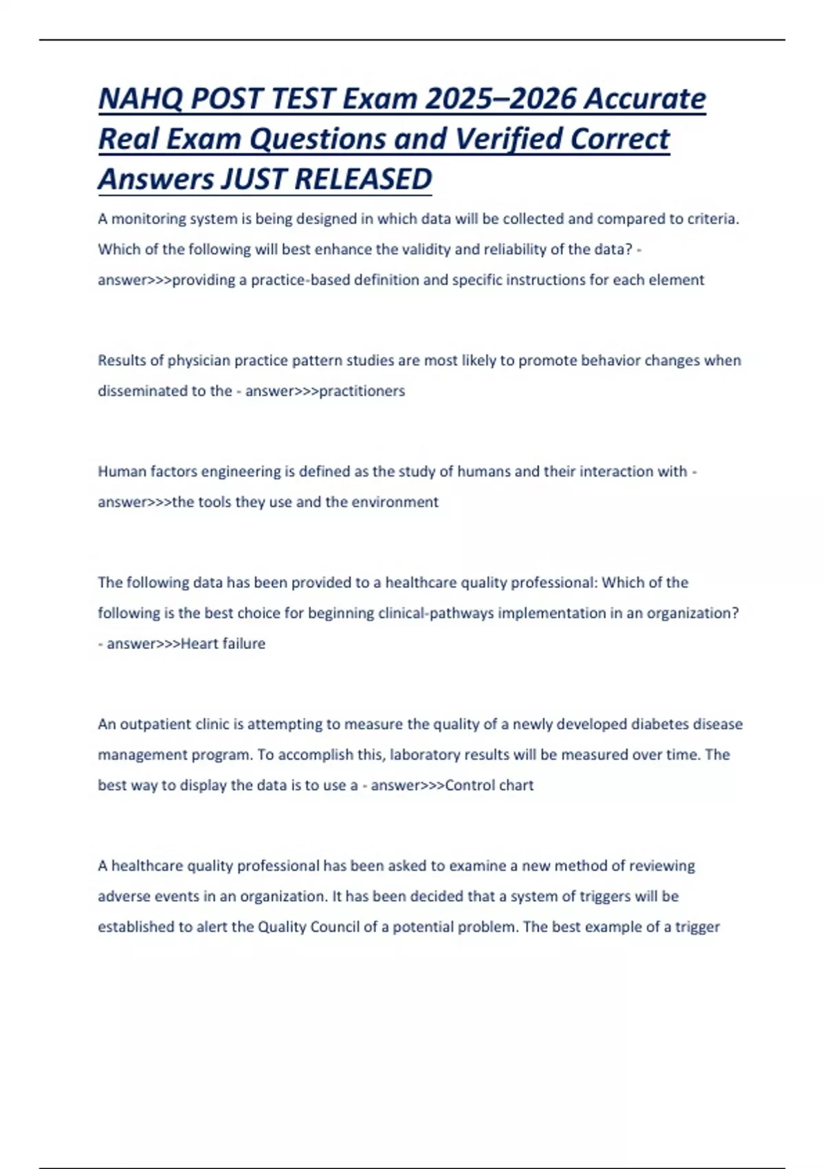 NAHQ Post Test Exam 2025–2026 – Healthcare Quality Certification ...