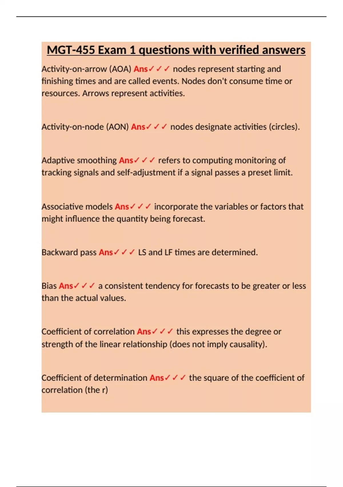 MGT 455 Exam 1 – Operations Management, Forecasting Models, and Project Scheduling – Verified ...