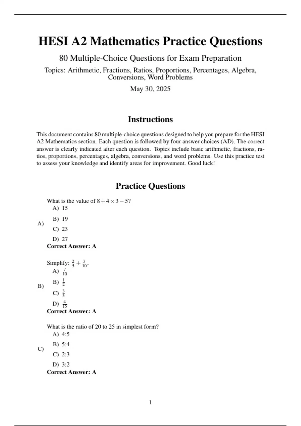 HESI A2 Mathematics Study Guide – 80 Practice Questions with Step-by-Step Answers - HESI A2 ...