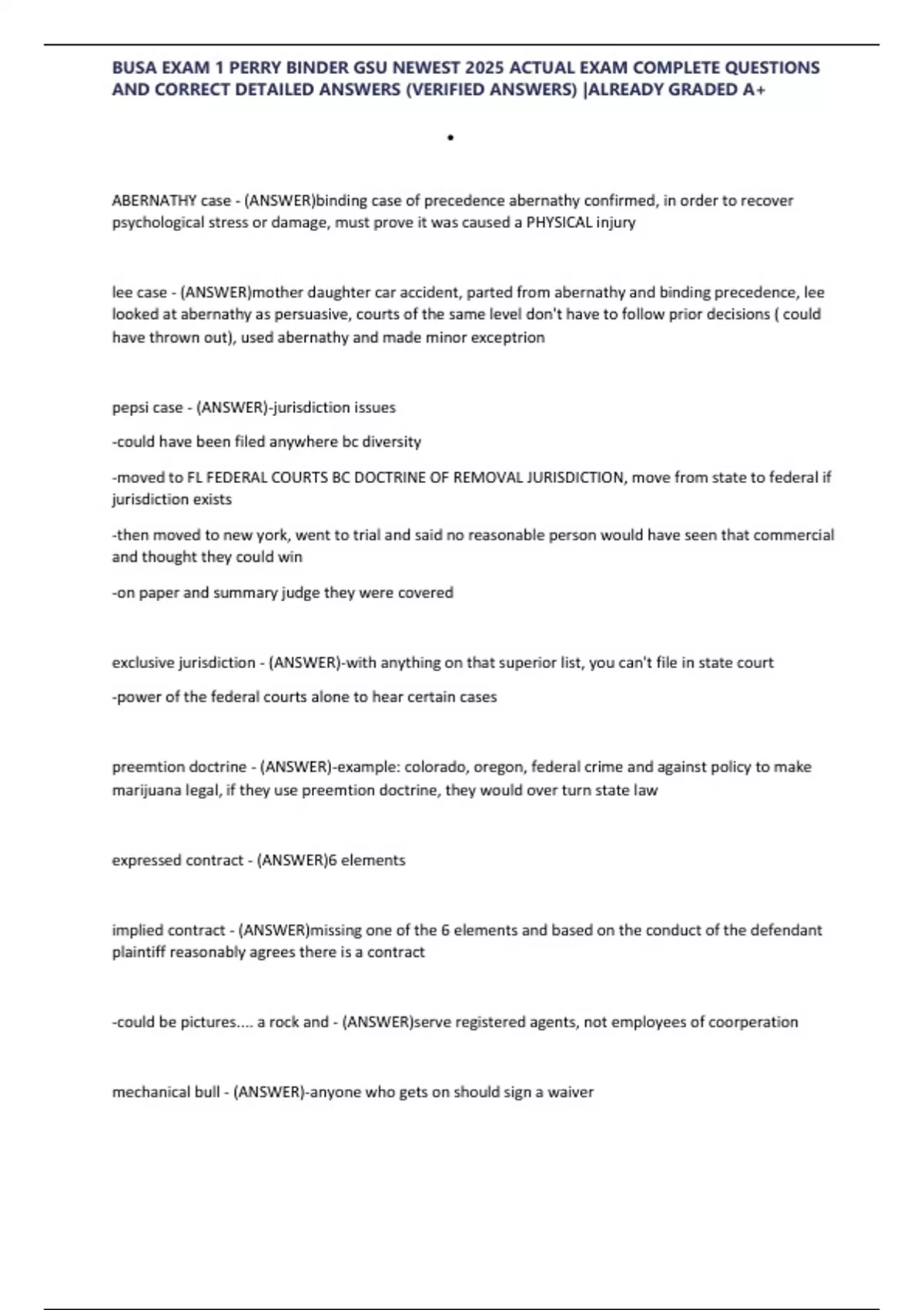 BUSA EXAM 1 PERRY BINDER GSU NEWEST 2025 ACTUAL EXAM - BUSA - Stuvia US