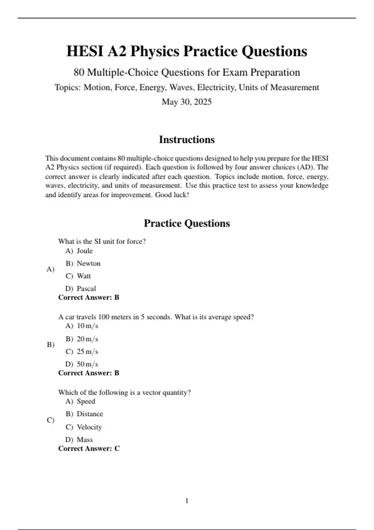 HESI A2 Physics Practice Questions – 80 Questions with Answers & Step ...