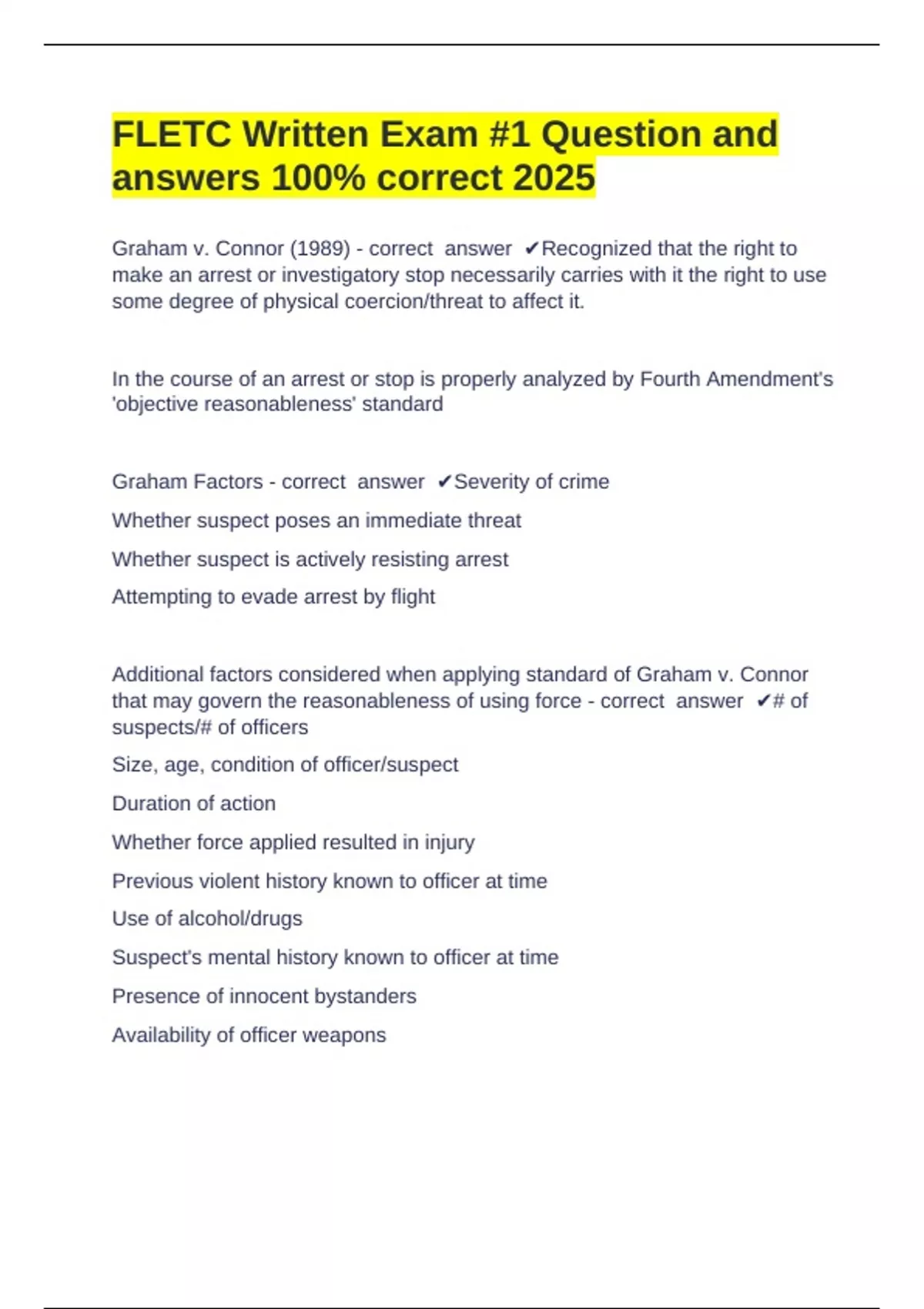 FLETC Written Exam #1 Question and answers 100% correct 2025 - FLETC ...