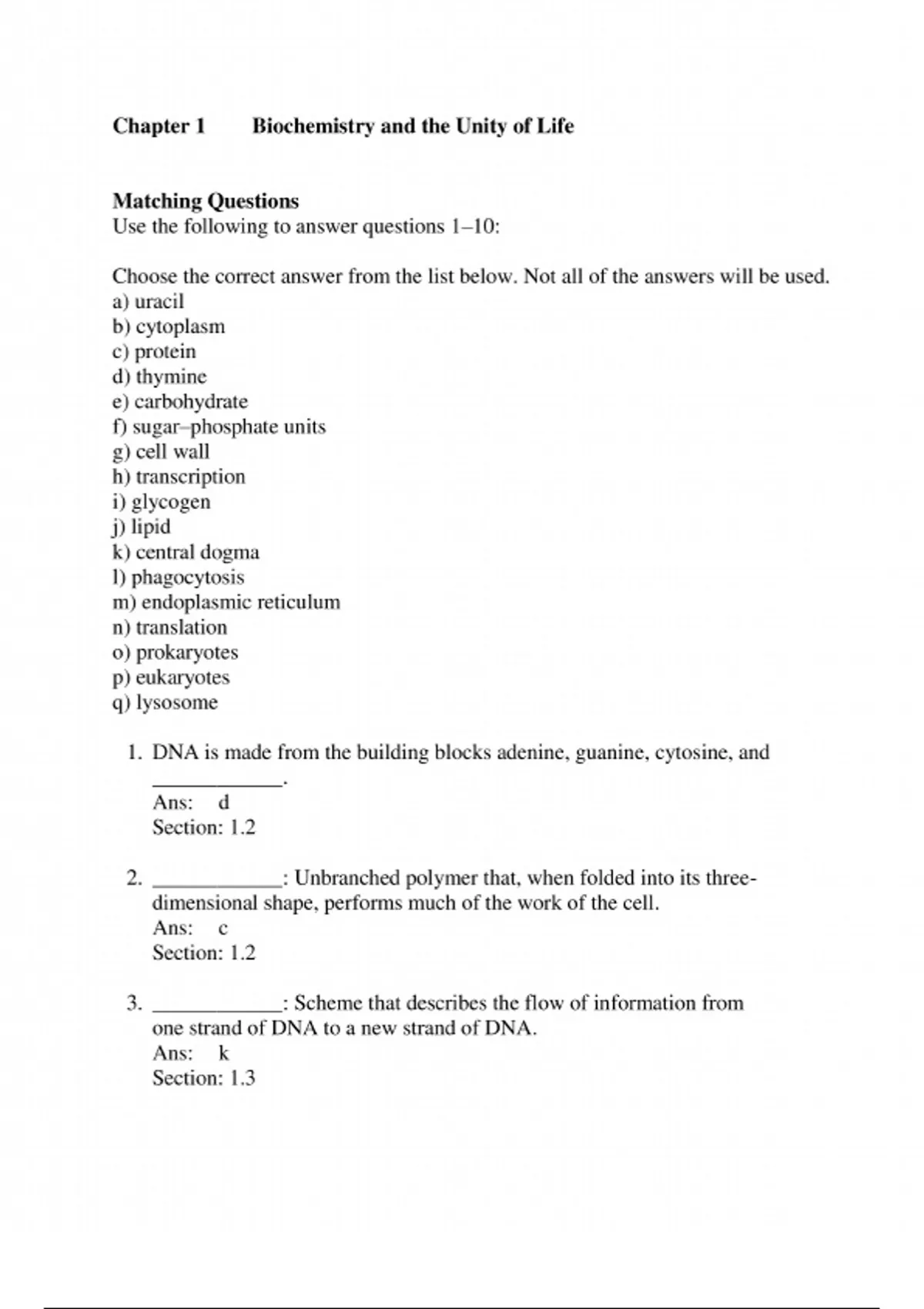 Test Bank - Biochemistry A Short Course, 4th Edition, John Tymoczko ...