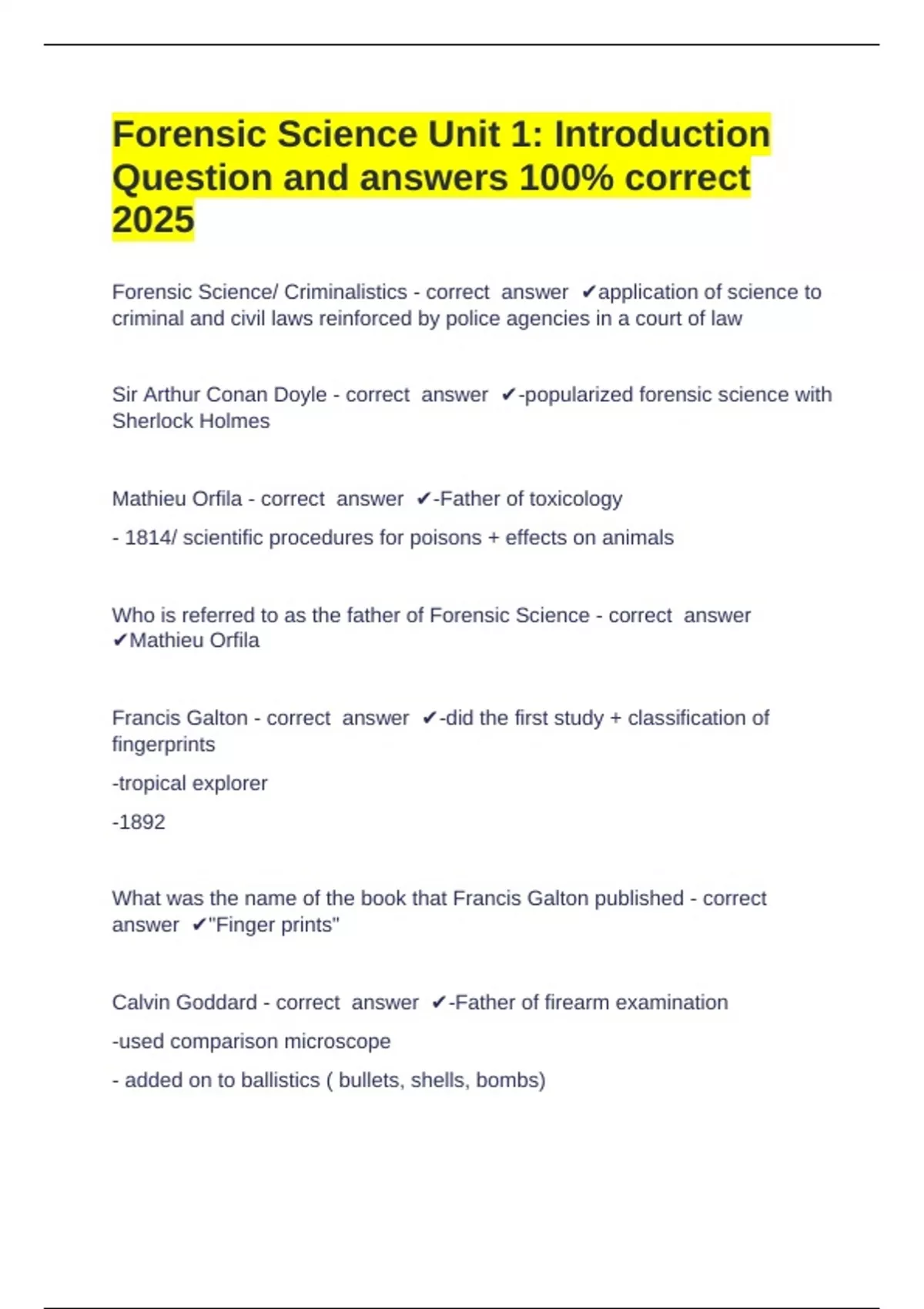 Forensic Science Unit 1: Introduction Question and answers 100% correct ...