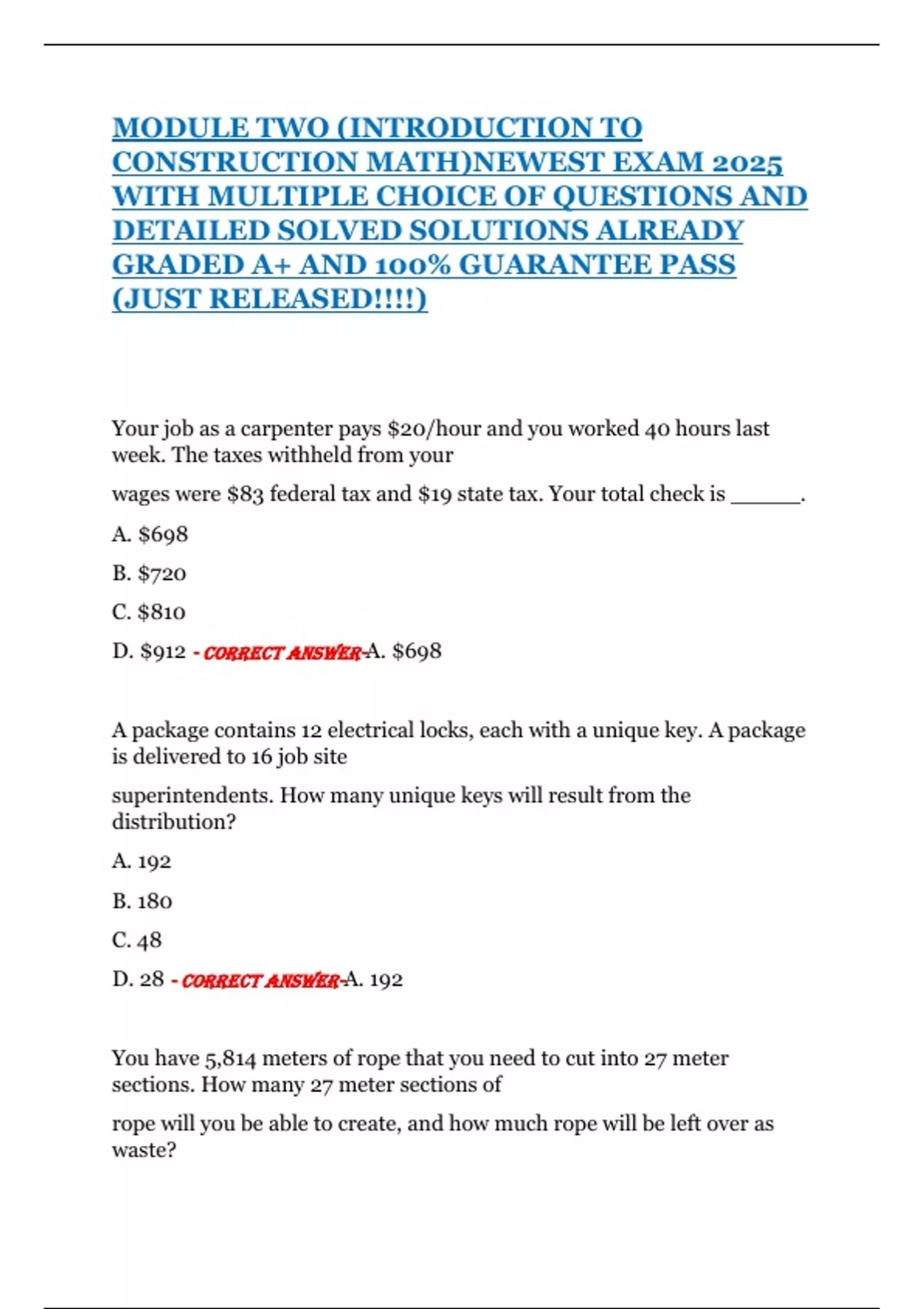 MODULE TWO (INTRODUCTION TO CONSTRUCTION MATH)NEWEST EXAM 2025 WITH MULTIPLE CHOICE OF QUESTIONS ...