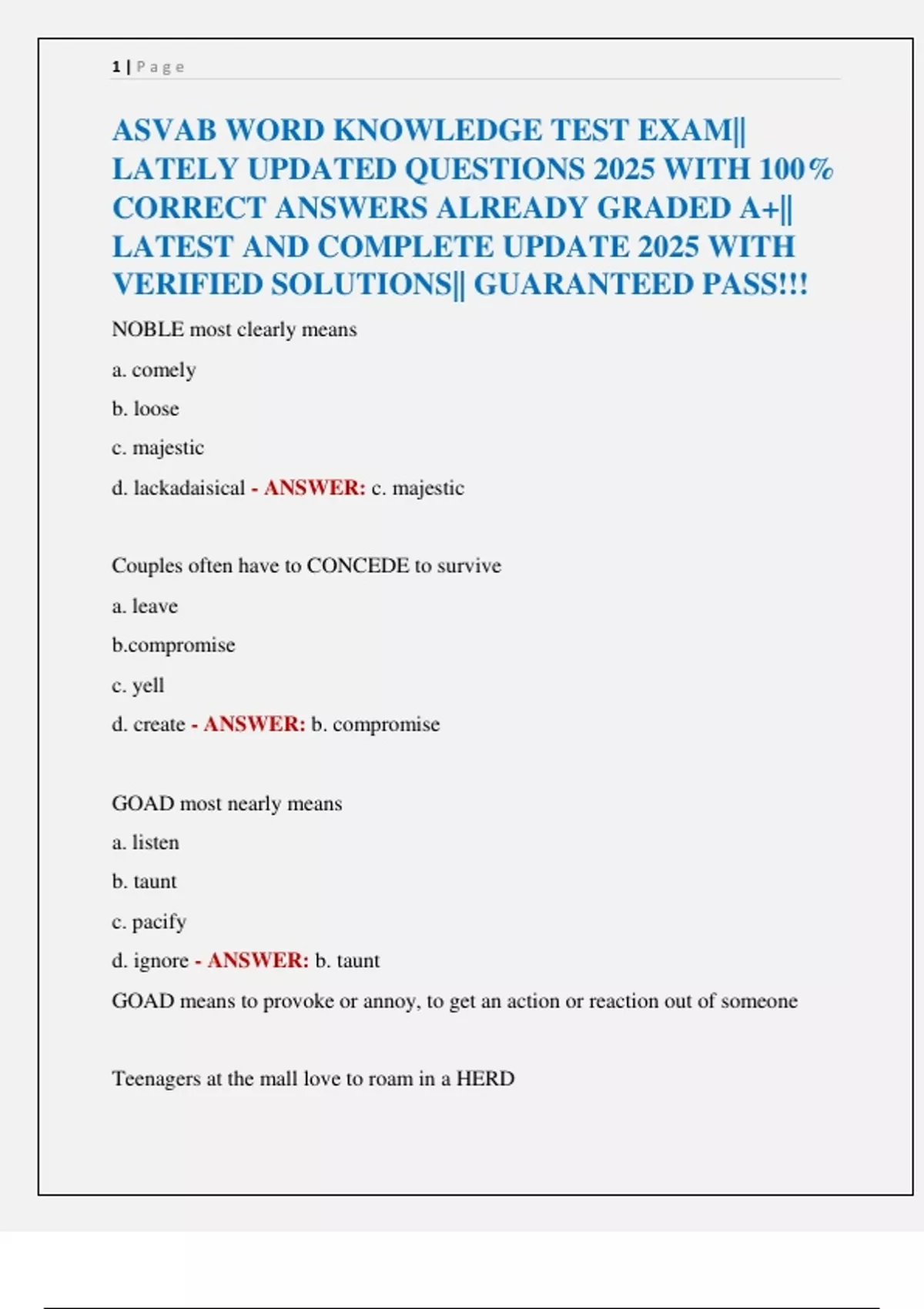 ASVAB WORD KNOWLEDGE TEST EXAM|| LATELY UPDATED QUESTIONS 2025 WITH 100 ...