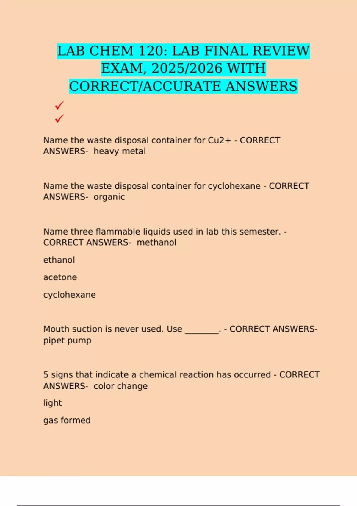 LAB CHEM 120: LAB FINAL REVIEW EXAM, 2025/2026 WITH CORRECT/ACCURATE ...