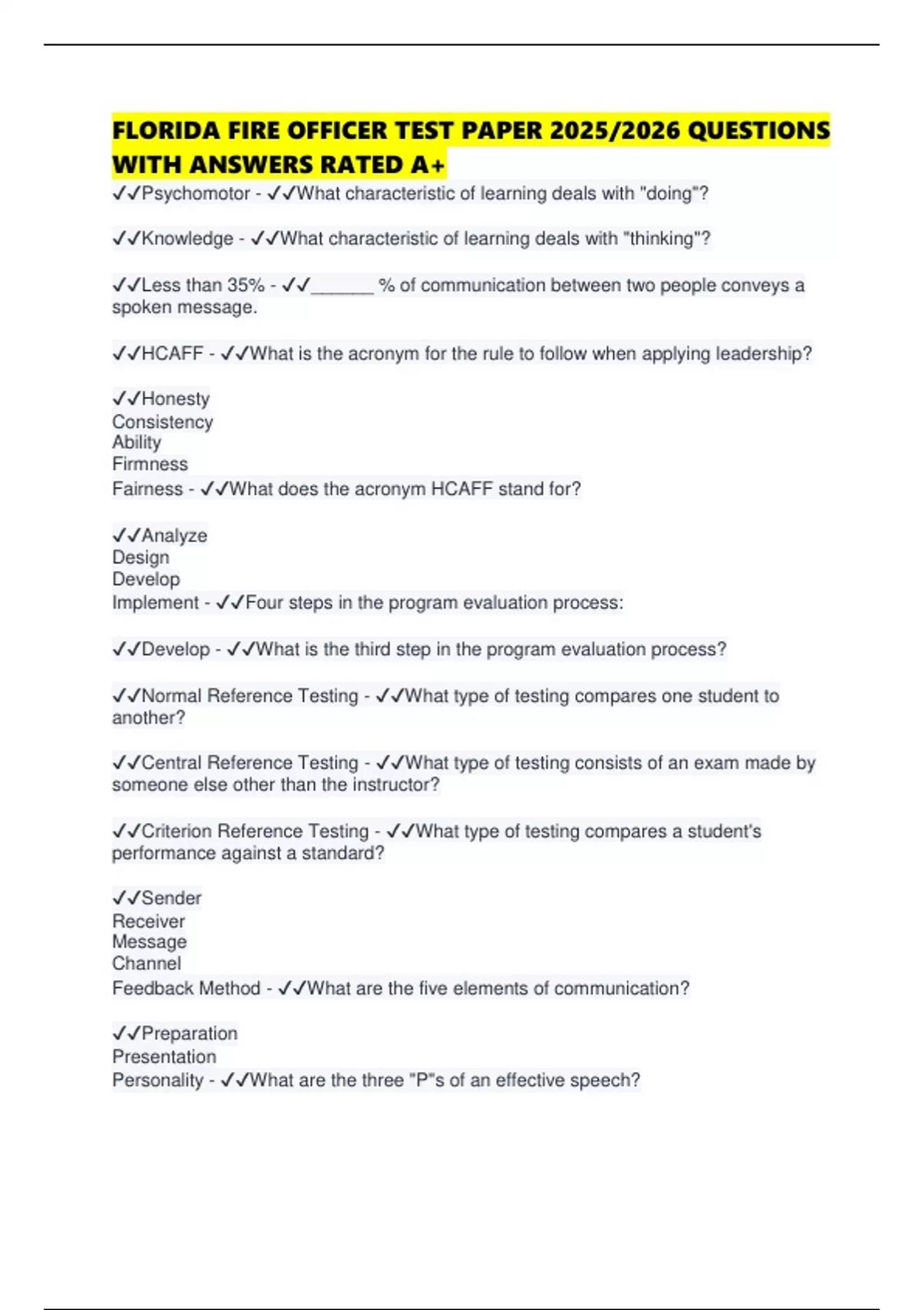 FLORIDA FIRE OFFICER TEST PAPER 2025/2026 QUESTIONS WITH ANSWERS RATED ...