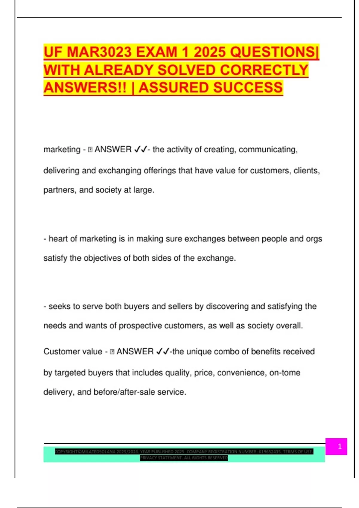 UF MAR3023 EXAM 1 2025 QUESTIONS| WITH ALREADY SOLVED CORRECTLY ANSWERS!! | ASSURED SUCCESS ...