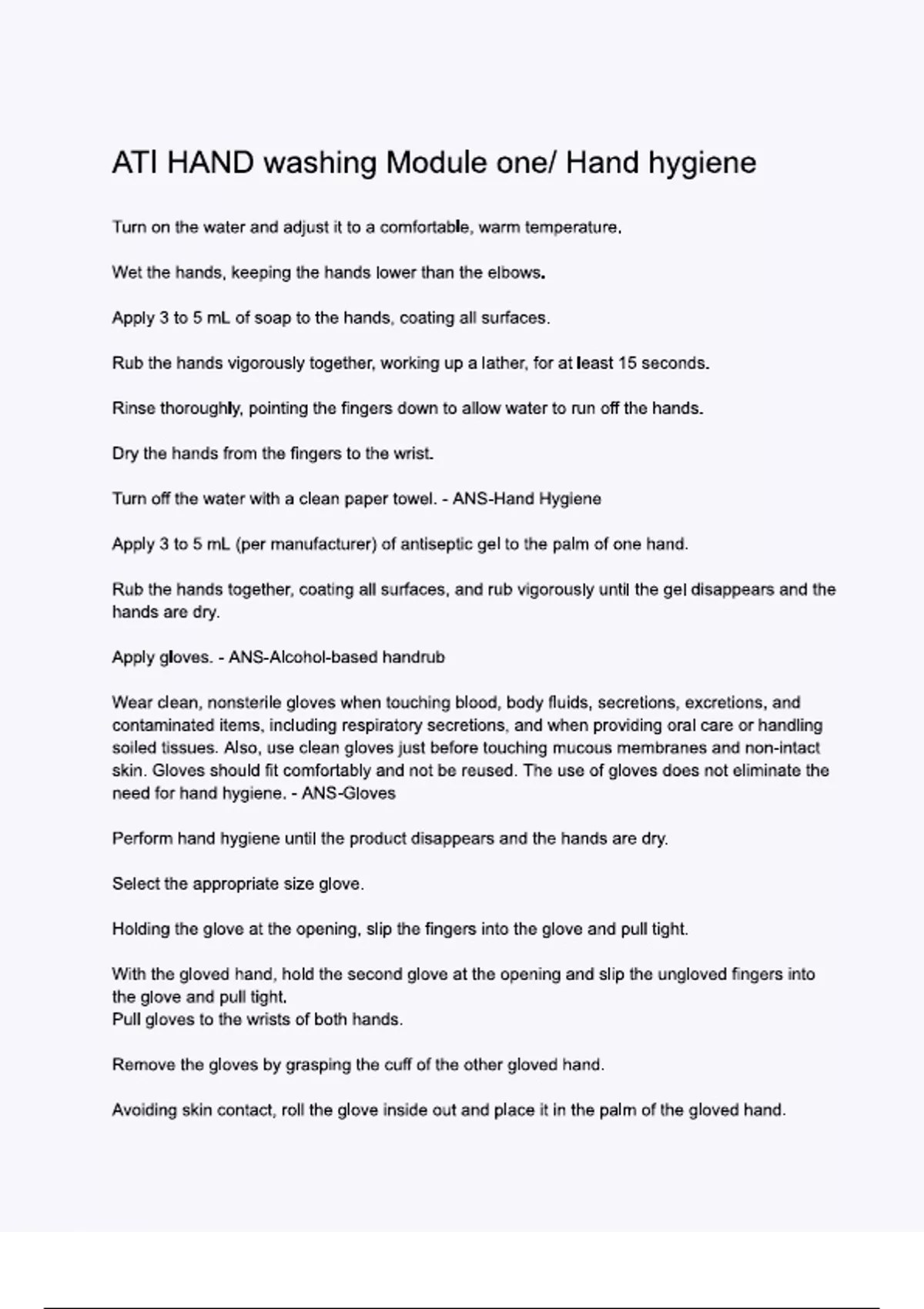 ATI HAND washing Module one- Hand hygiene Questions and Answers ...