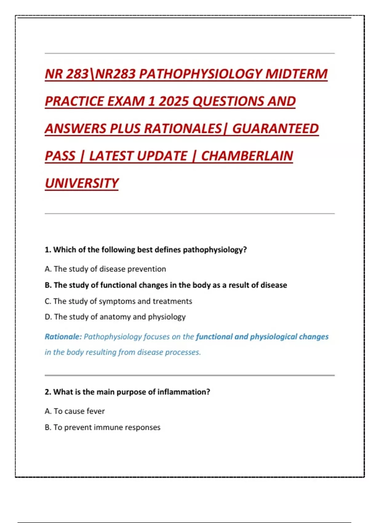 NR 283 NR283 PATHOPHYSIOLOGY FINAL and Midterm EXAMS Compilation Bundle ...