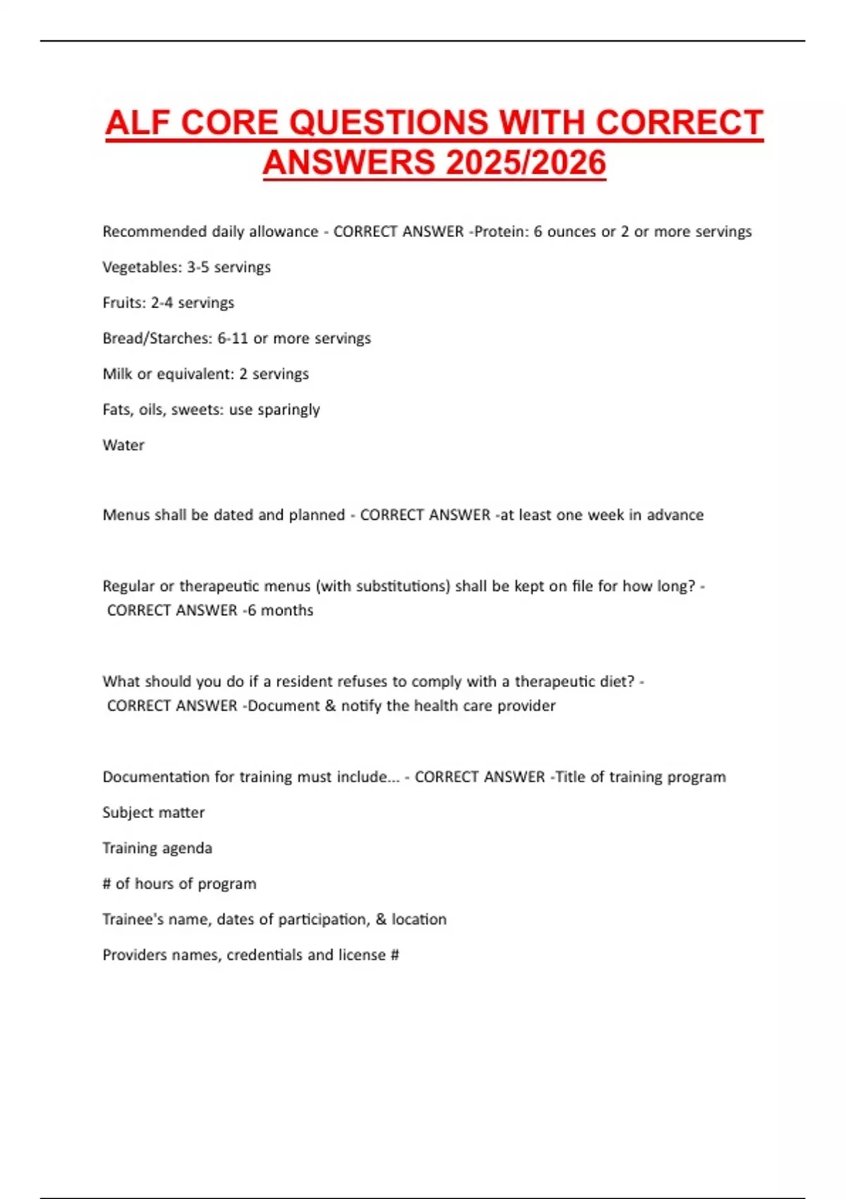 ALF CORE QUESTIONS WITH CORRECT ANSWERS 2025/2026 - Alf core - Stuvia US