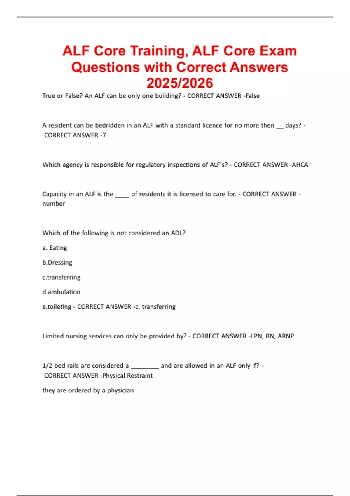 ALF Core Training, ALF Core Exam Questions with Correct Answers 2025/ ...