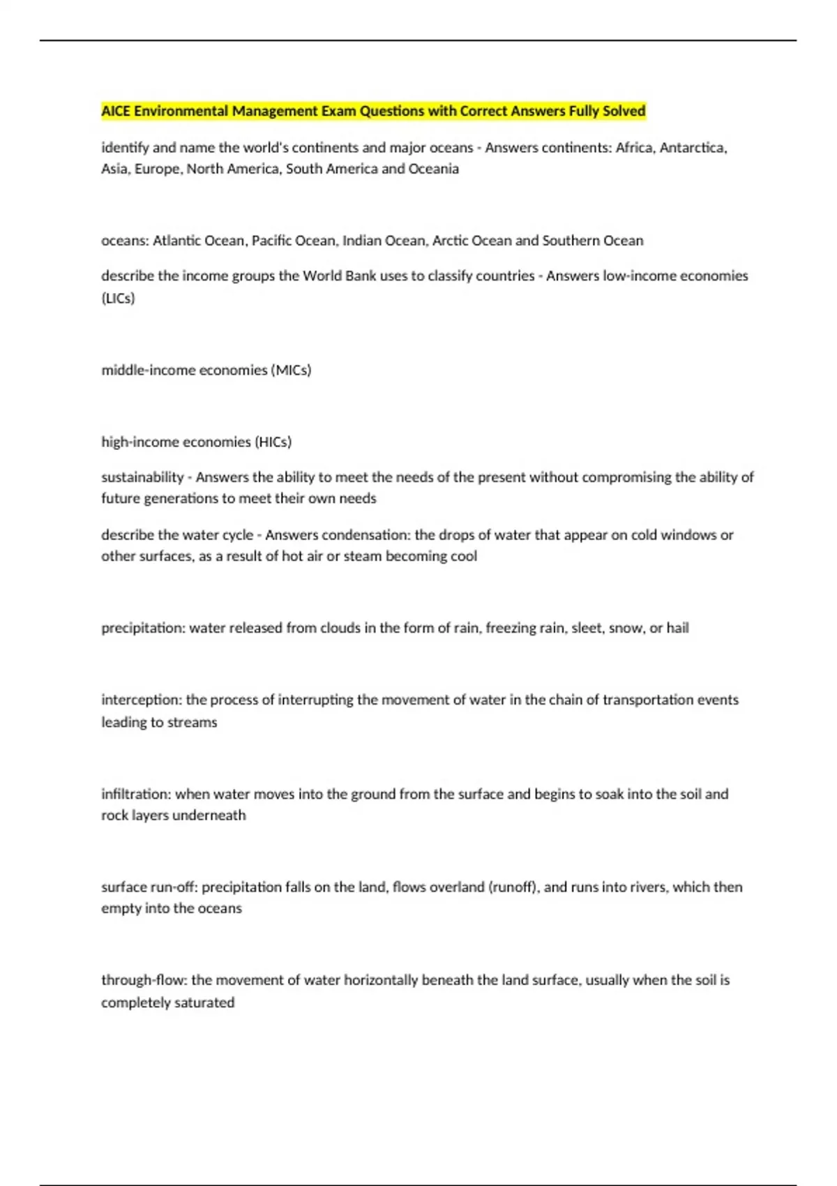 AICE Environmental Management Exam Questions with Correct Answers Fully ...