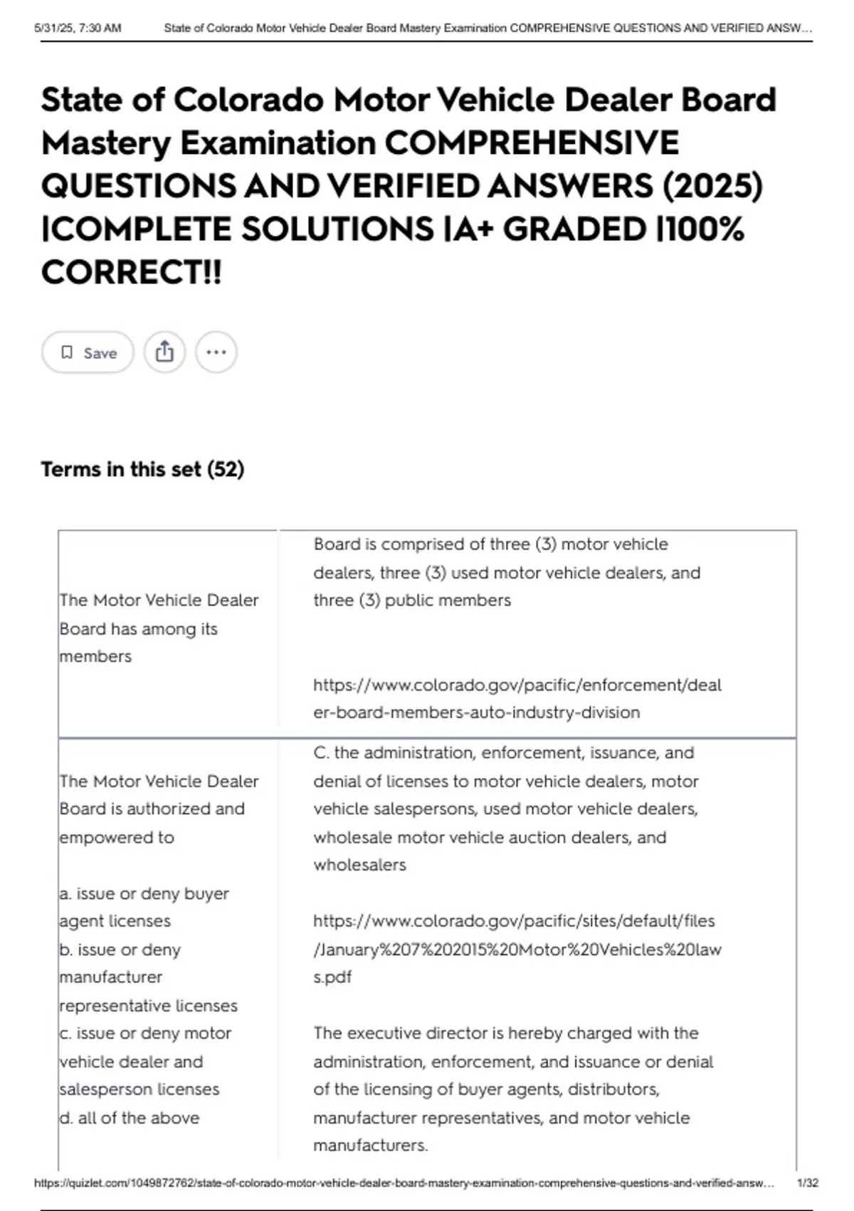State of Colorado Motor Vehicle Dealer Board Mastery Examination ...
