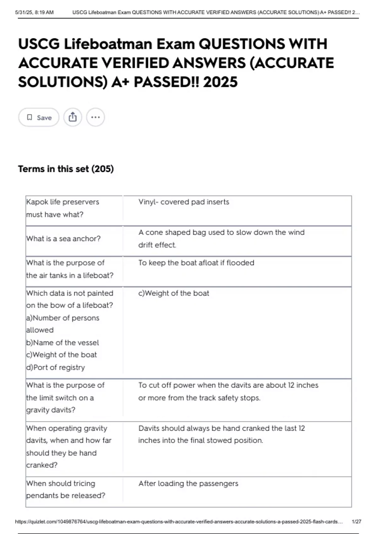USCG Lifeboatman Exam QUESTIONS WITH ACCURATE VERIFIED ANSWERS ...