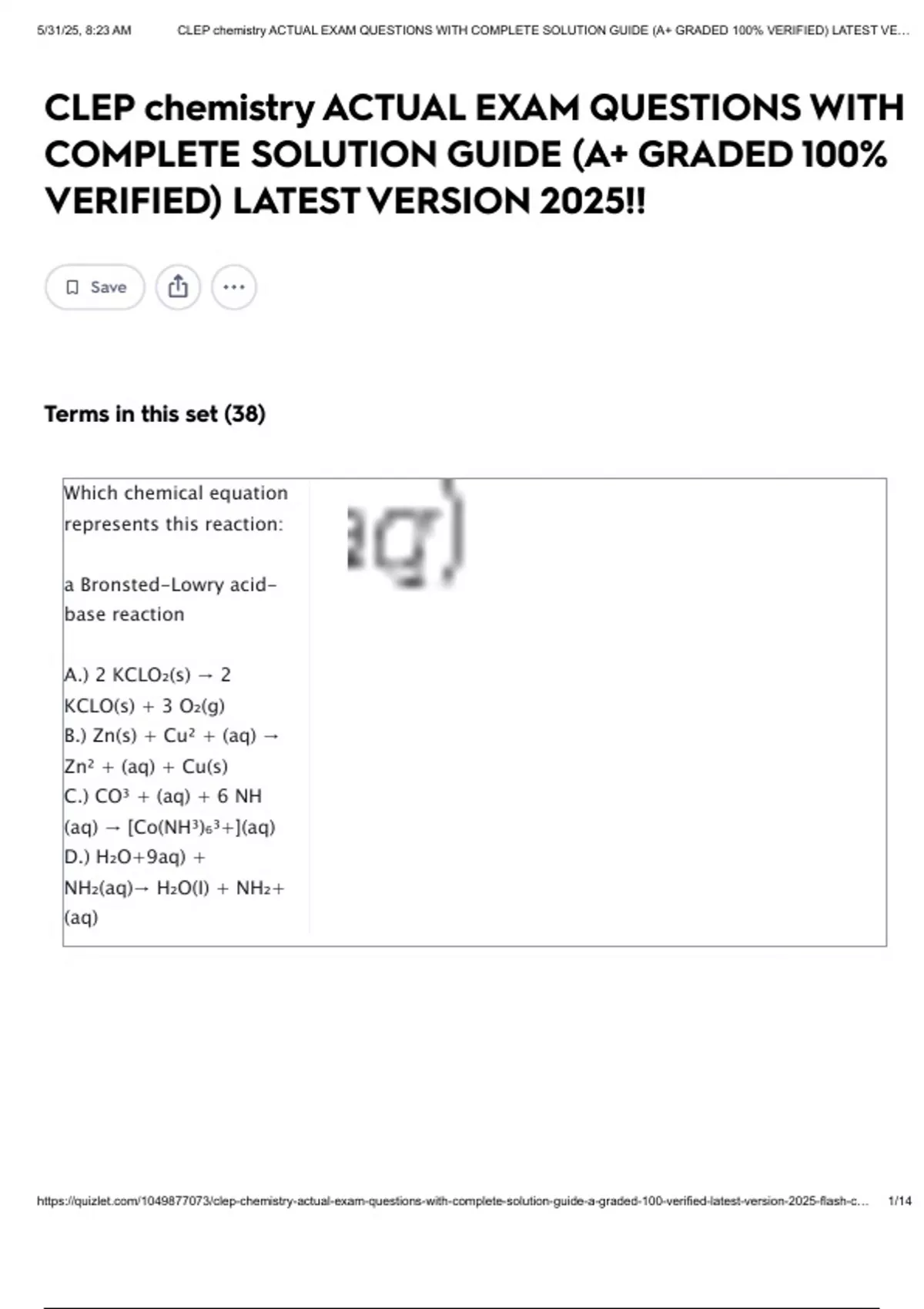 CLEP chemistry ACTUAL EXAM QUESTIONS WITH COMPLETE SOLUTION GUIDE (A+ ...