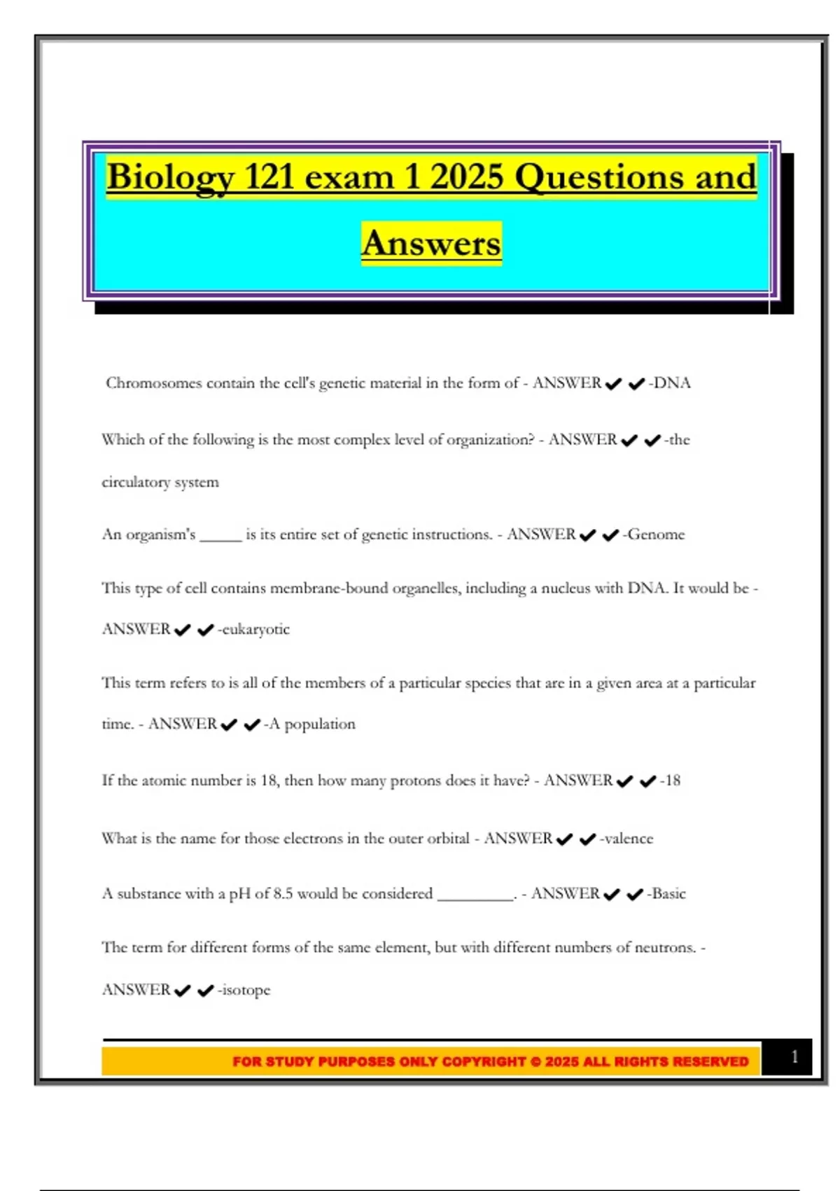 BIO 121 Bundled Exams 2025 Questions and Answers - Stuvia US