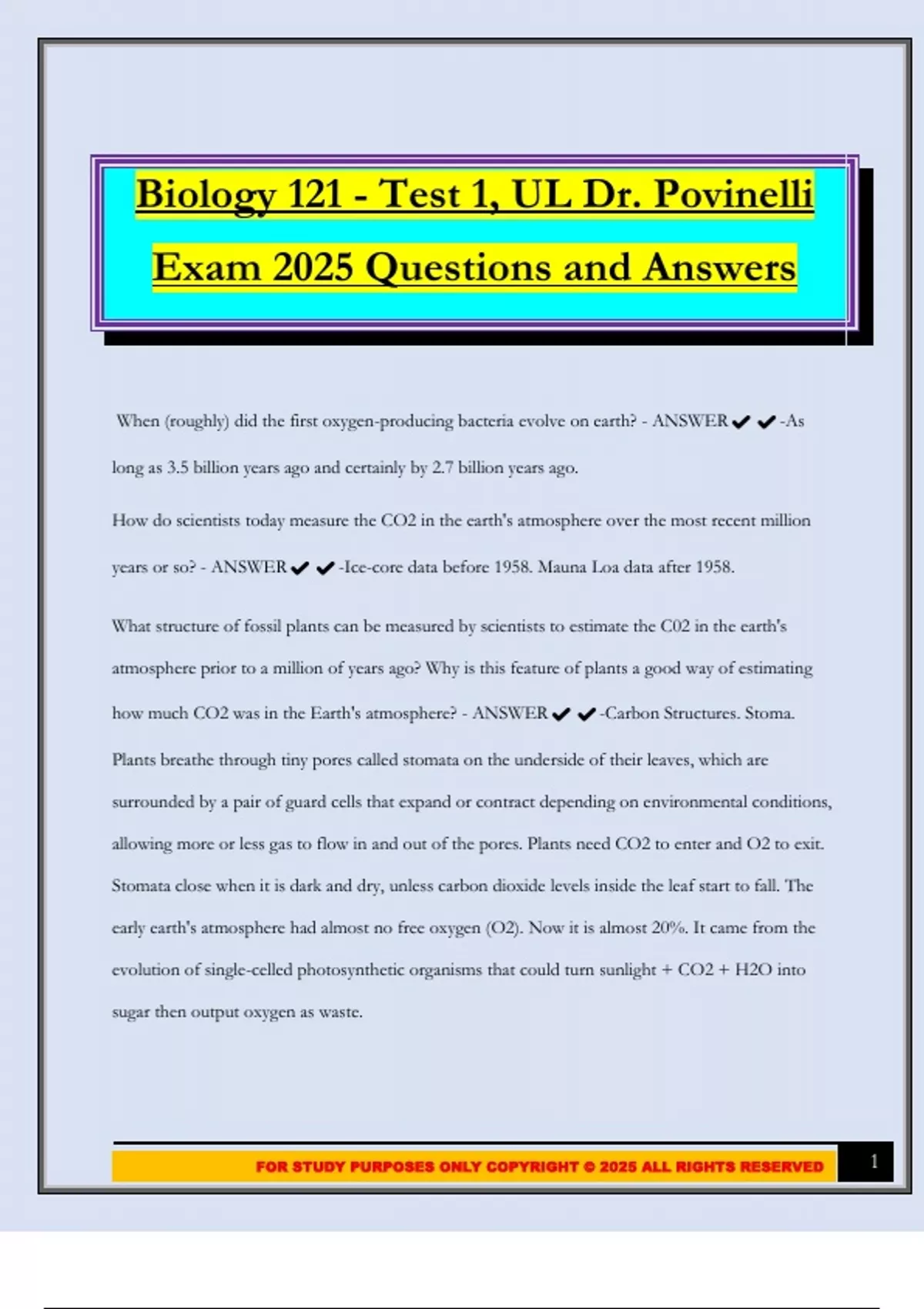 Biology 121 - Test 1, UL Dr. Povinelli, bio 121 povinelli test 1 2025 ...