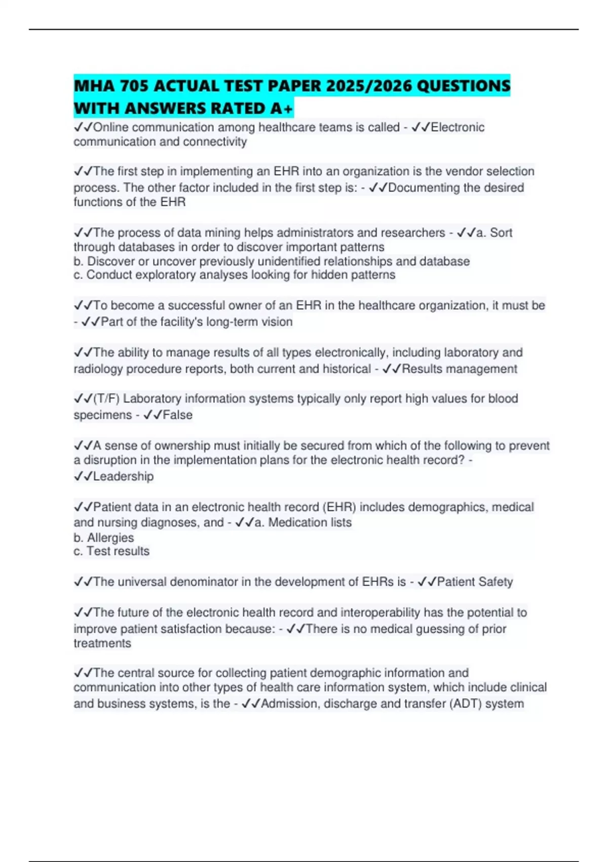 MHA 705 ACTUAL TEST PAPER 2025/2026 QUESTIONS WITH ANSWERS RATED A+ ...