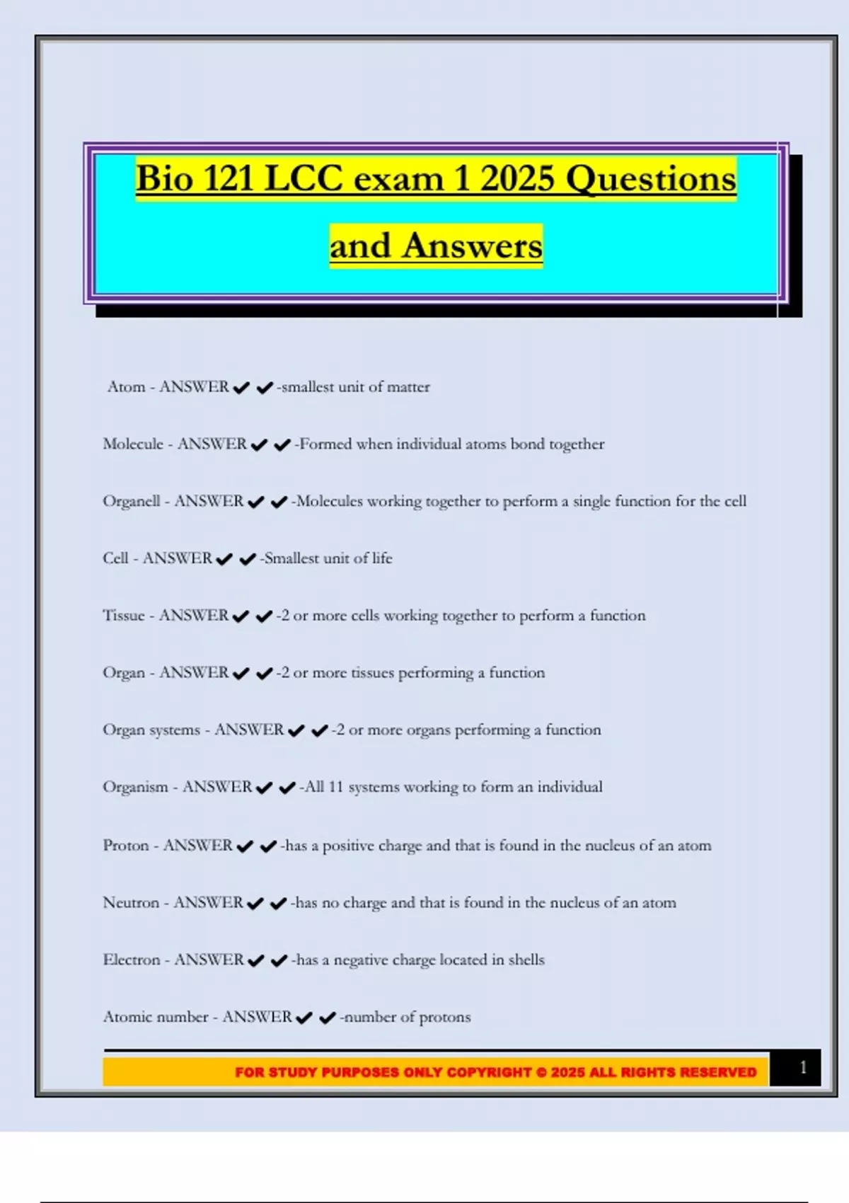 Bio 121 LCC exam 1 2025 Questions and Answers - BIO 121 - Stuvia US