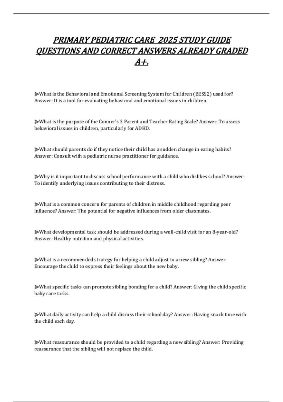 PRIMARY PEDIATRIC CARE 2025 STUDY GUIDE QUESTIONS AND CORRECT ANSWERS ...