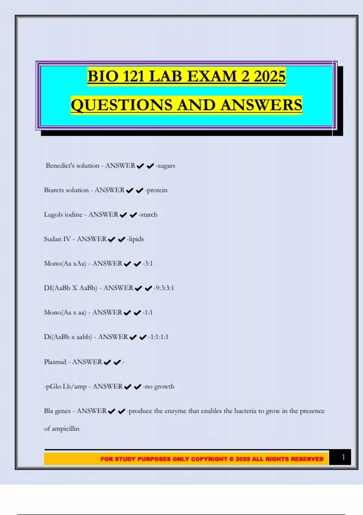 BIO 121 LAB EXAM 2 2025 QUESTIONS AND ANSWERS - BIO 121 - Stuvia US