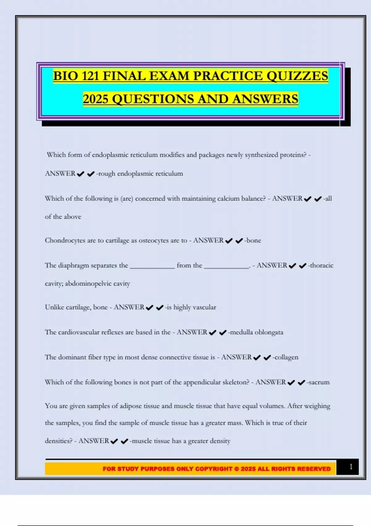 BIO 121 FINAL EXAM PRACTICE QUIZZES 2025 QUESTIONS AND ANSWERS - BIO ...