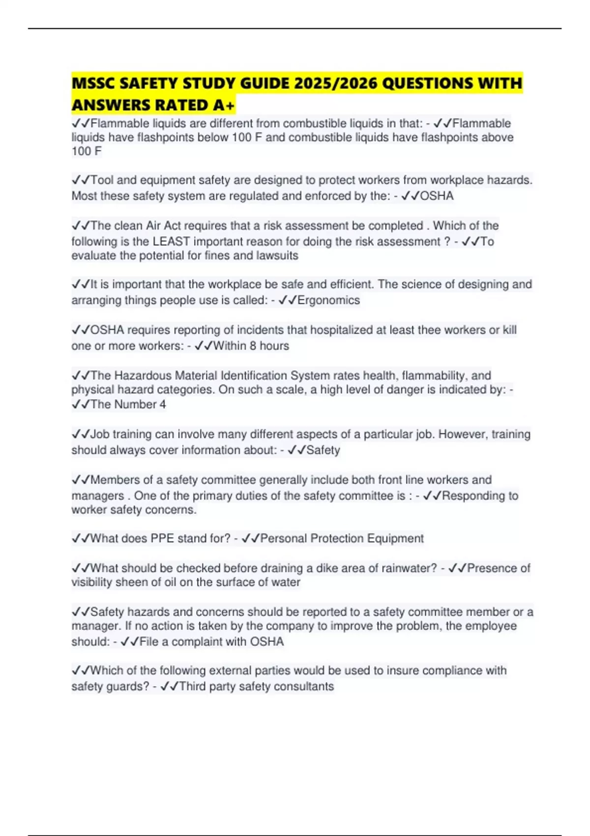 MSSC SAFETY STUDY GUIDE 2025/2026 QUESTIONS WITH ANSWERS RATED A+ ...