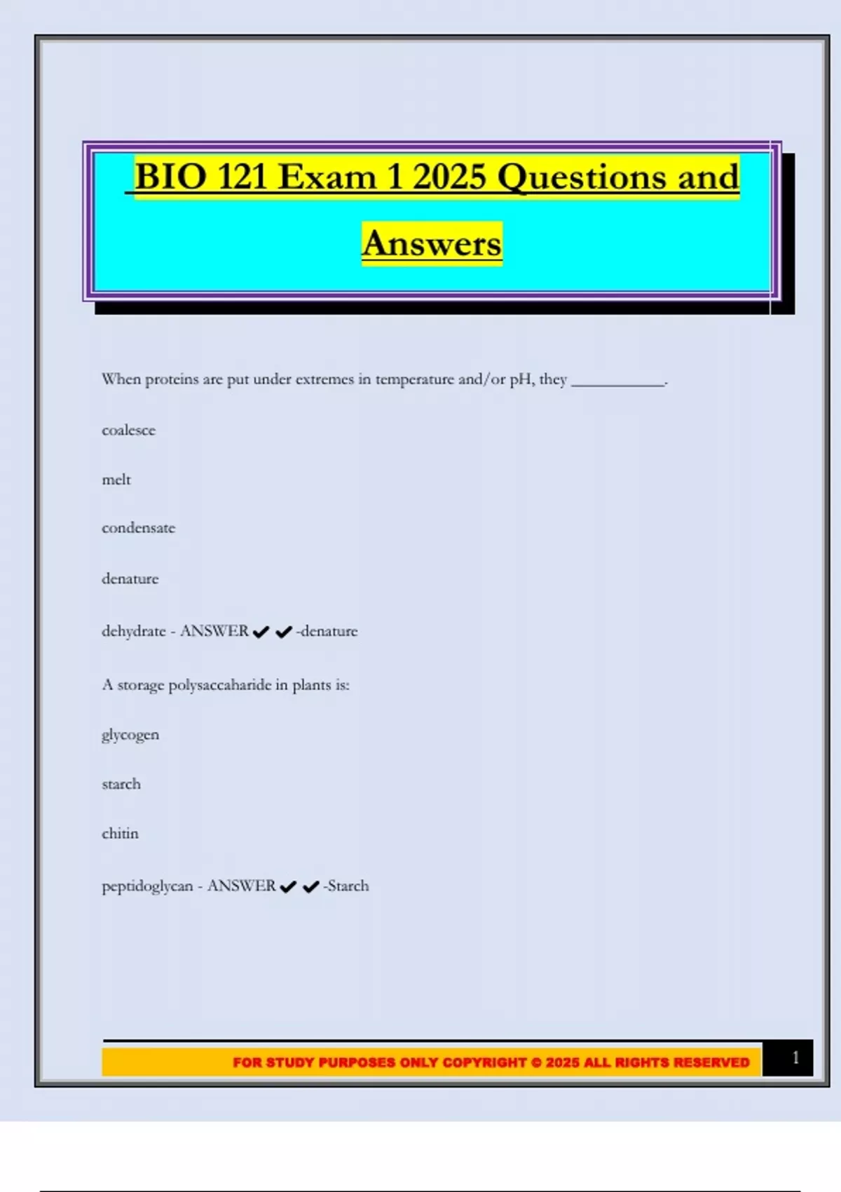 BIO 121 Exam 1 2025 Questions and Answers - BIO 121 - Stuvia US