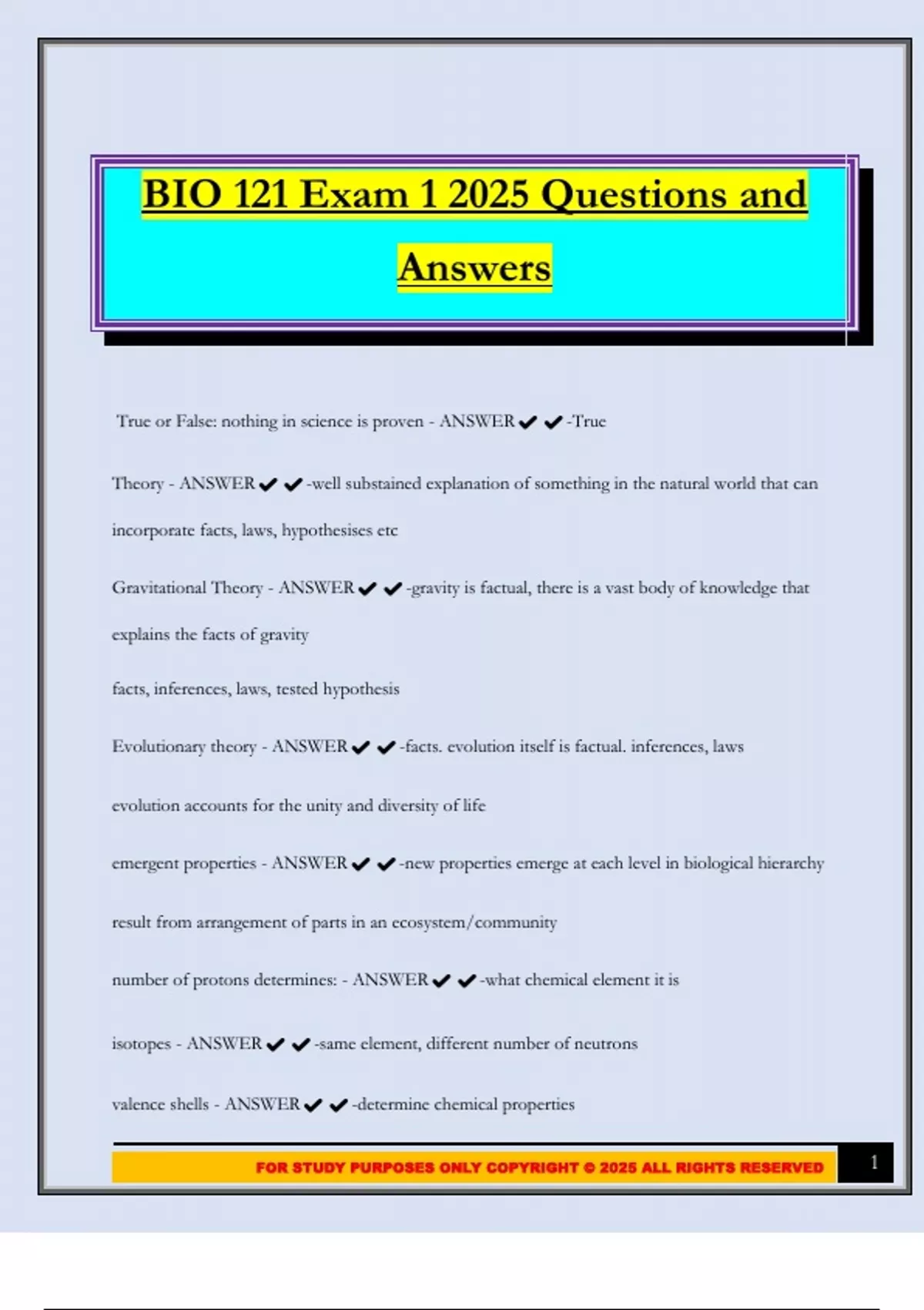 BIO 121 Exam 1 2025 Questions and Answers - BIO 121 - Stuvia US