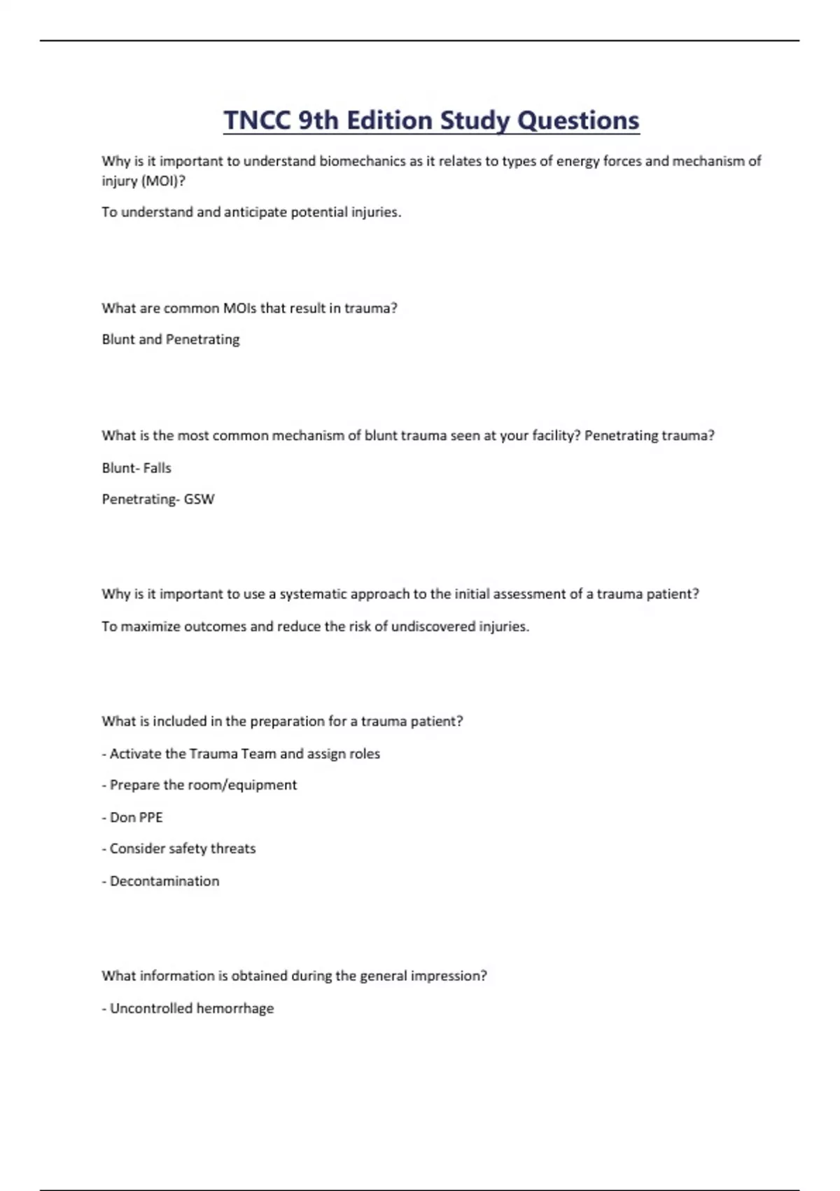 TNCC 9th Edition Study Questions 2025 - Nursing course - Stuvia US